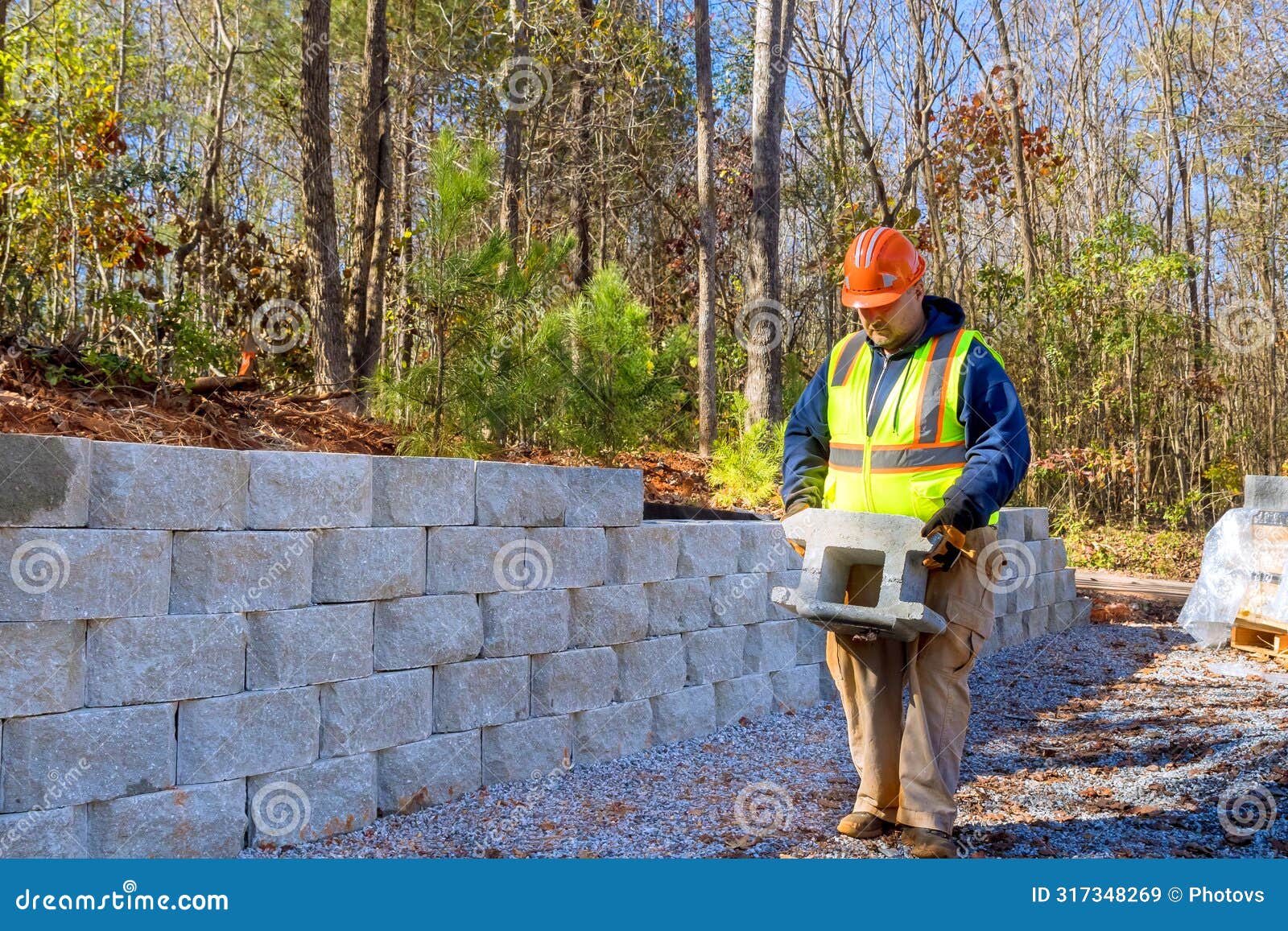 During Installation of Retaining Wall, a Contractor Mounted Concrete ...
