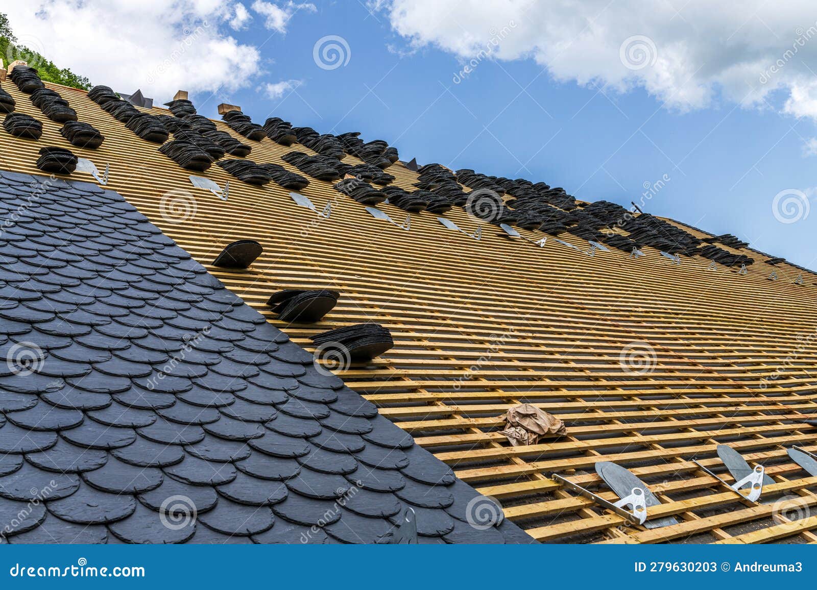 Installation of Slate Roofing Tiles on a Roof Stock Image - Image of ...
