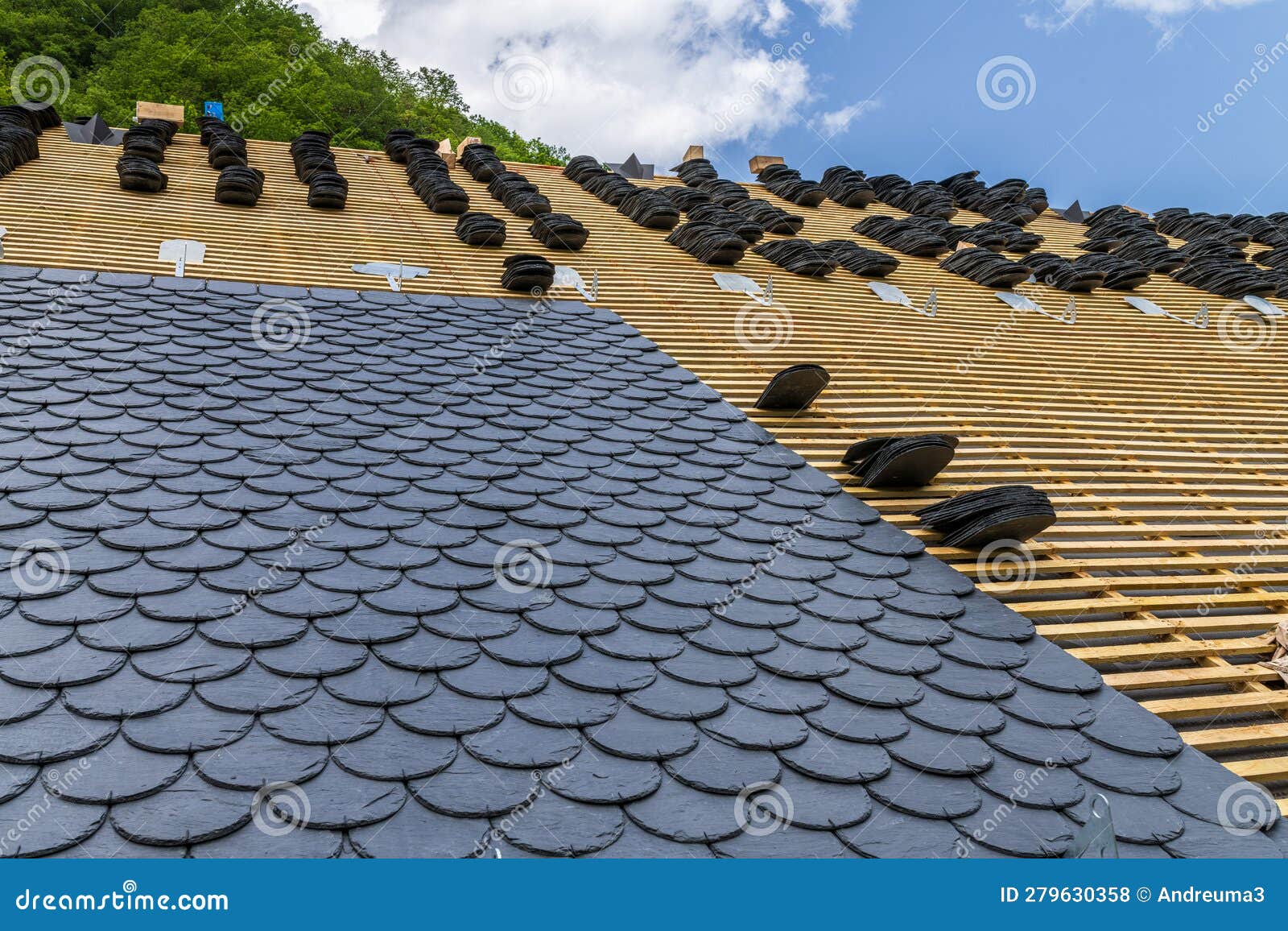 Installation of Slate Roofing Tiles on a Roof Stock Photo - Image of ...