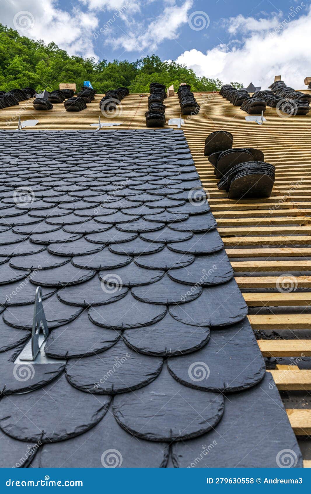 Installation of Slate Roofing Tiles on a Roof Stock Photo - Image of ...