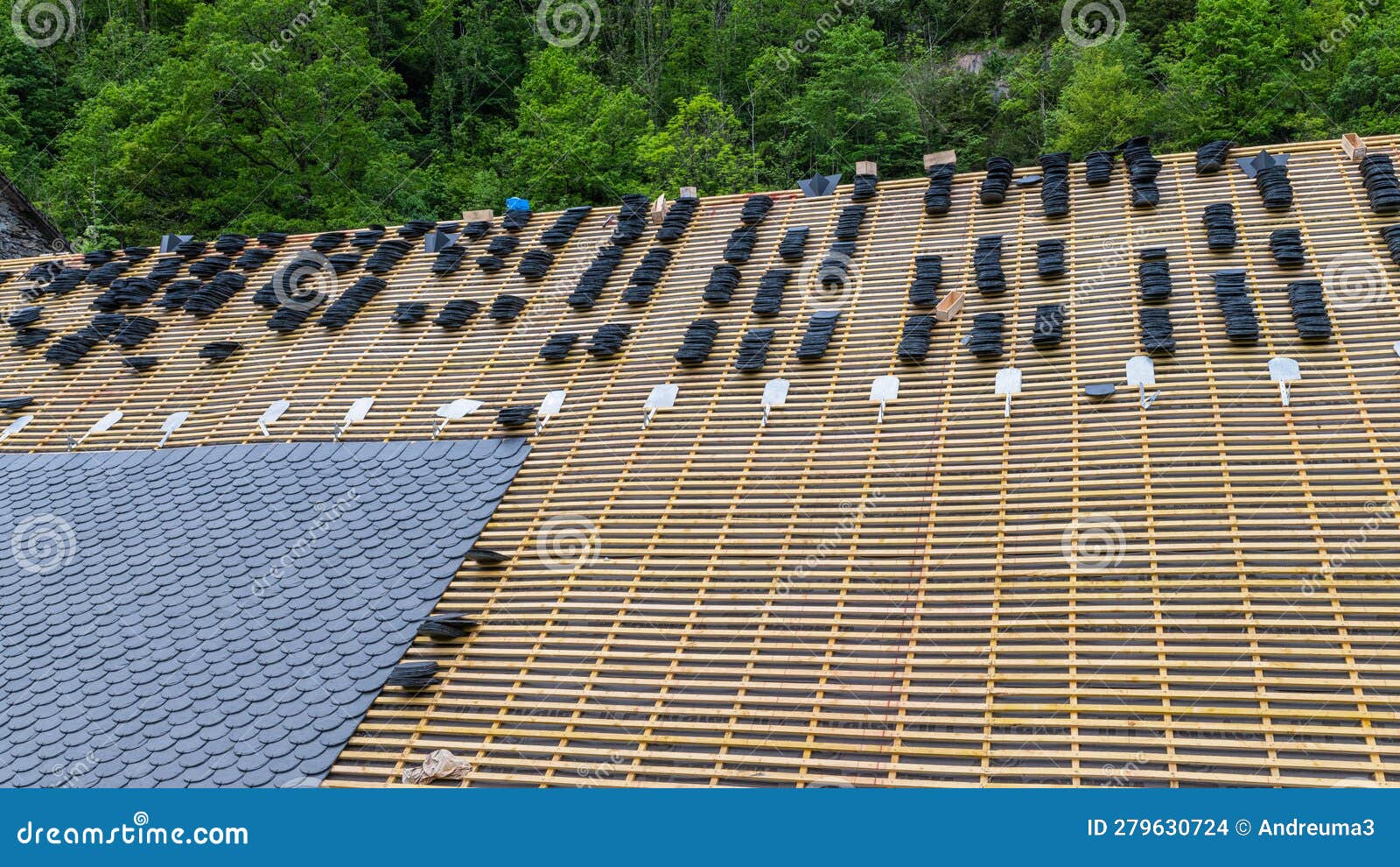 Installation of Slate Roofing Tiles on a Roof Stock Photo - Image of ...