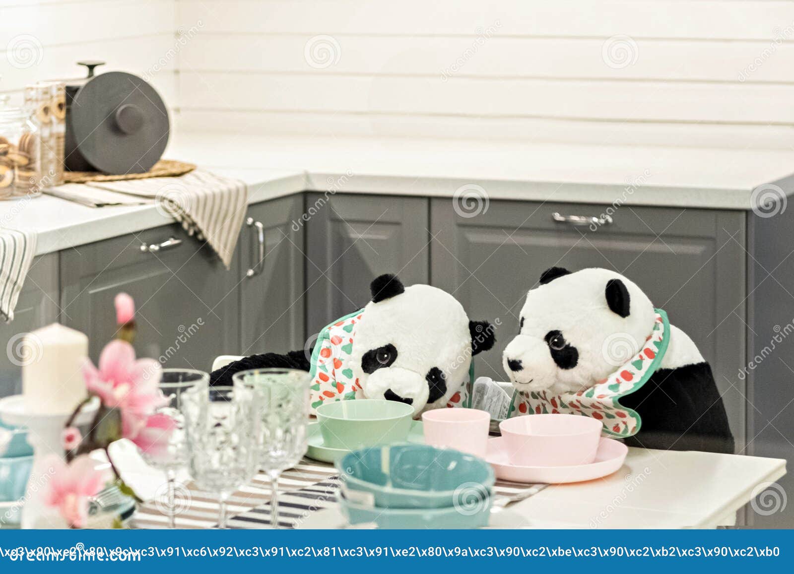 Installation in the Store. Kitchen, Two Pandas are Sitting at the Table ...