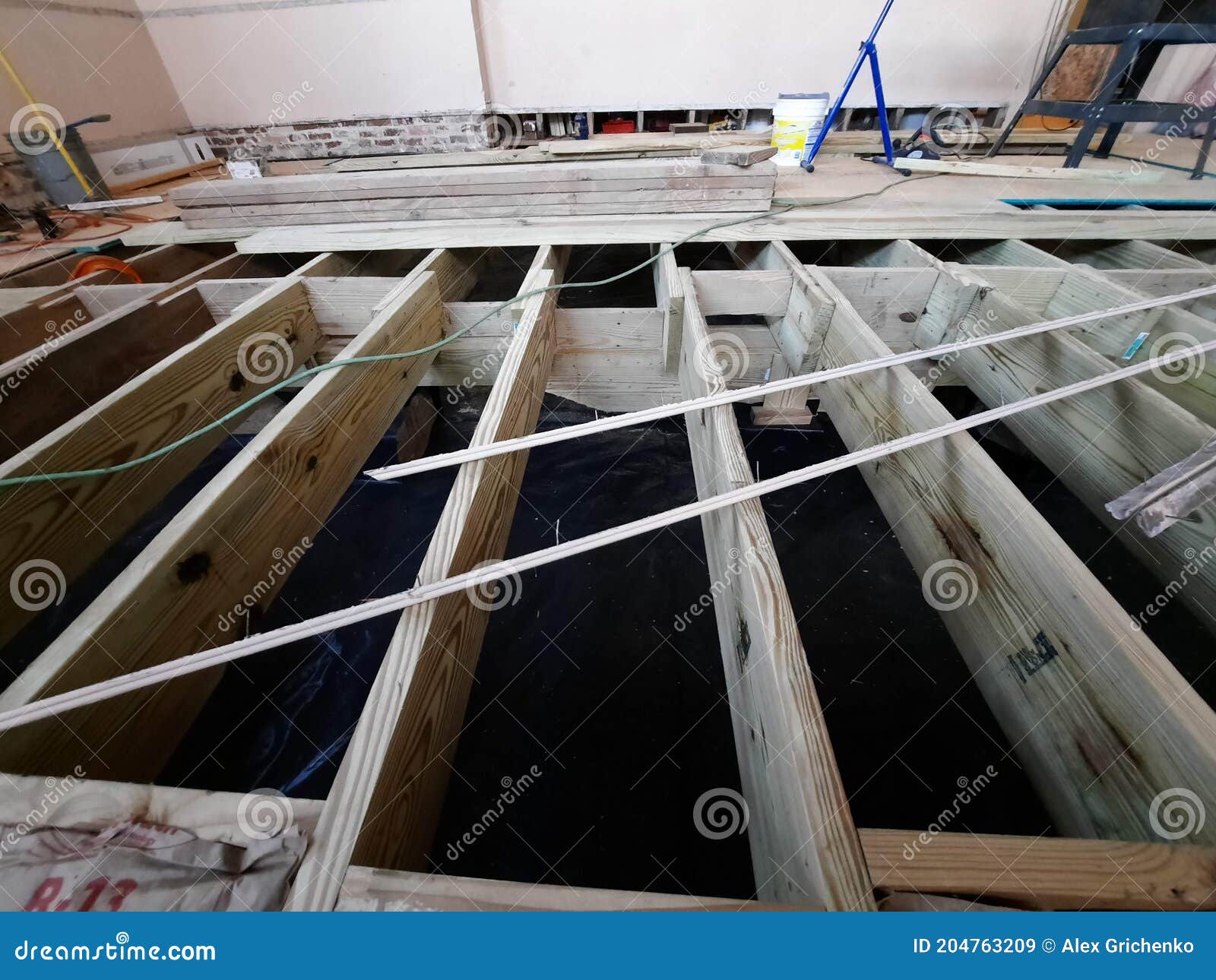 Installation of Wooden Beams at Construction Stock Image - Image of ...