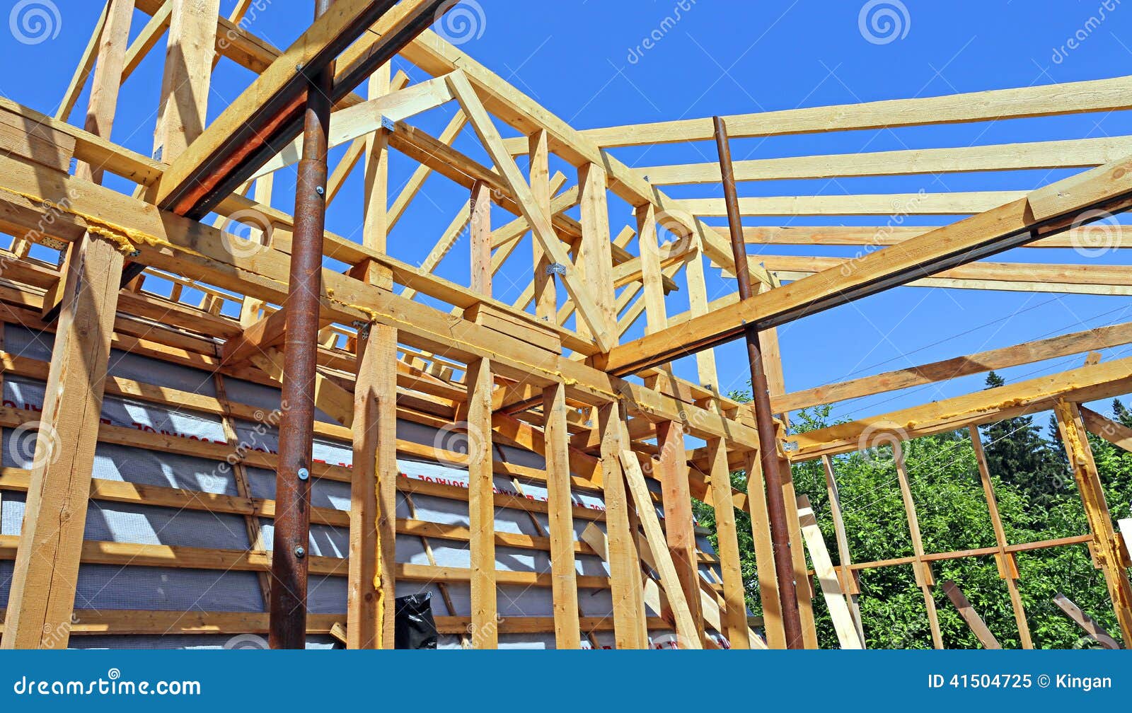 Installation of Wooden Beams at Construction Stock Image - Image of ...