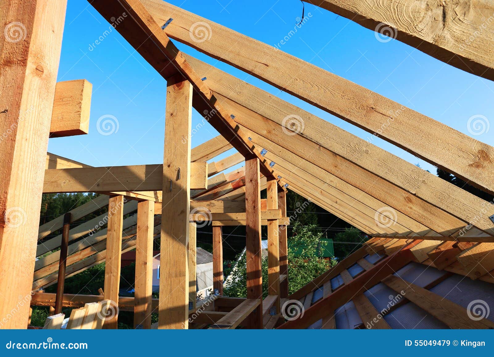 Installation of Wooden Beams at Construction Stock Image - Image of ...