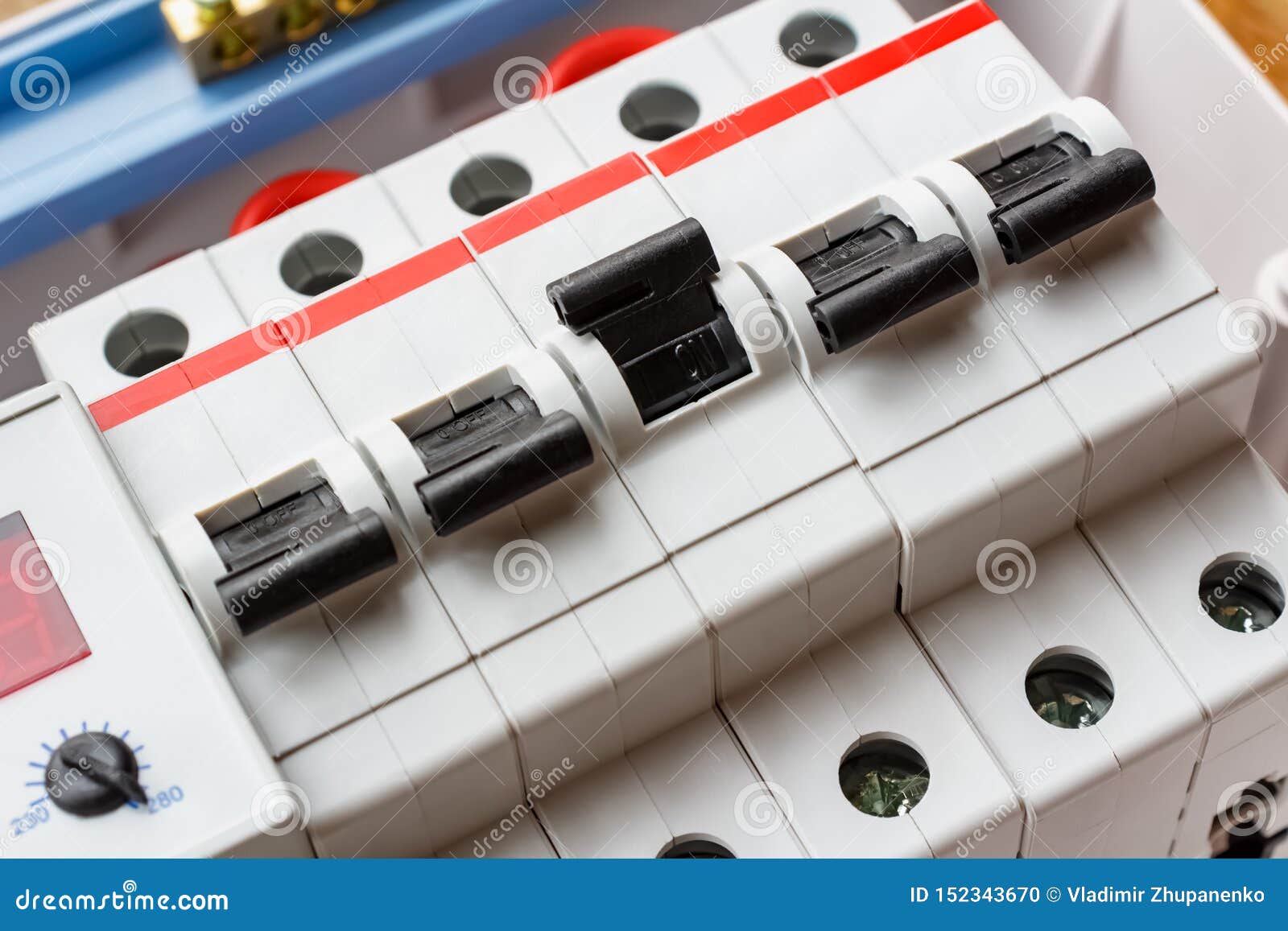 Installed Automatic Circuit Breakers in the Mounting Box Closeup Stock ...