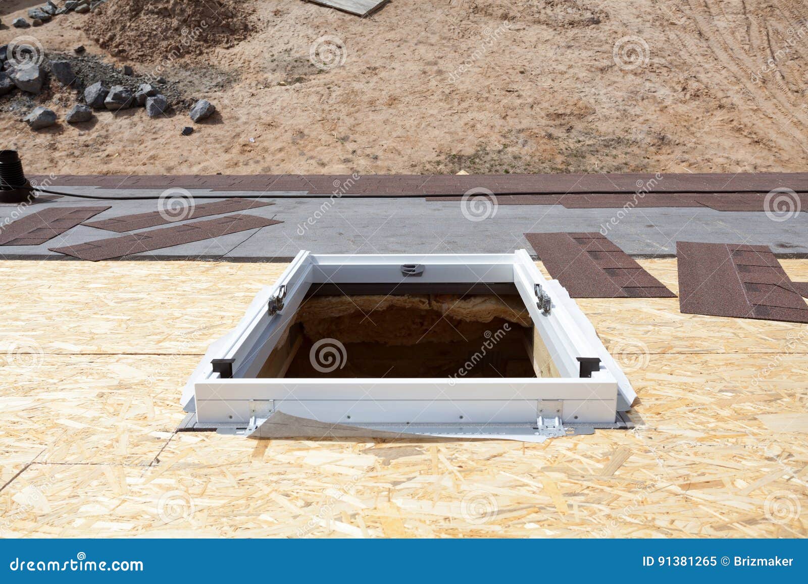 Installed Frame of New Plastic Mansardor Skylight Window on a Asphalt ...