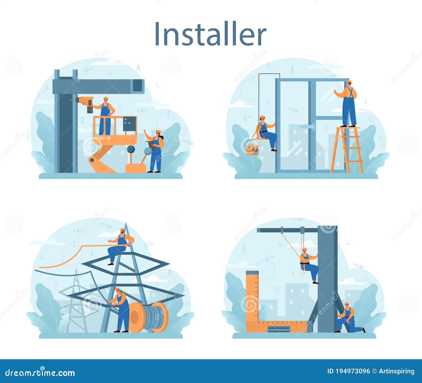 Installer Concept Set. Worker In Uniform Installing Constructions ...