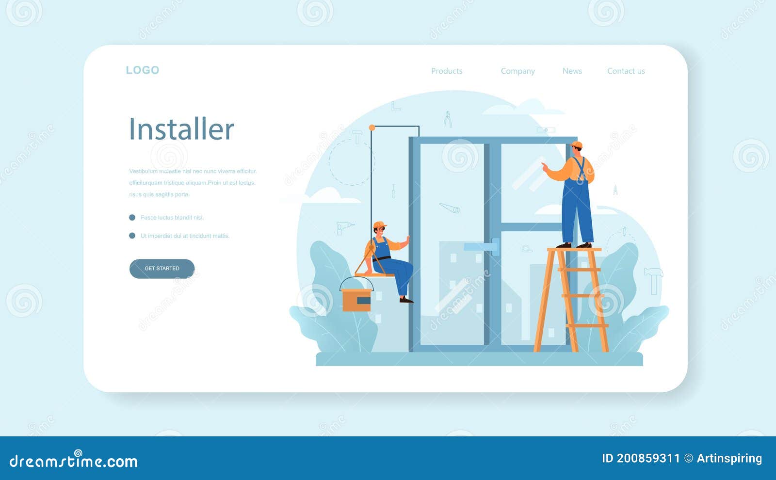 Installer Web Banner Or Landing Page Set. Worker In Uniform Cartoon ...