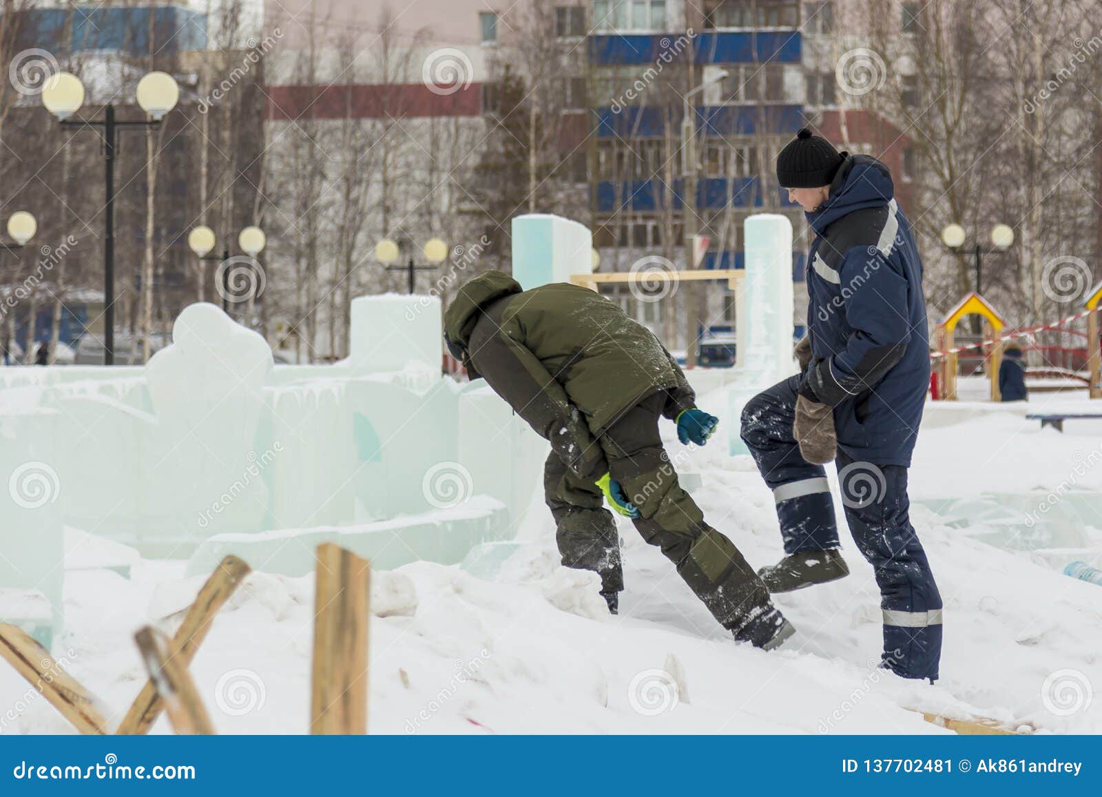 Installers at the Construction of the Ice Town Stock Image - Image of ...