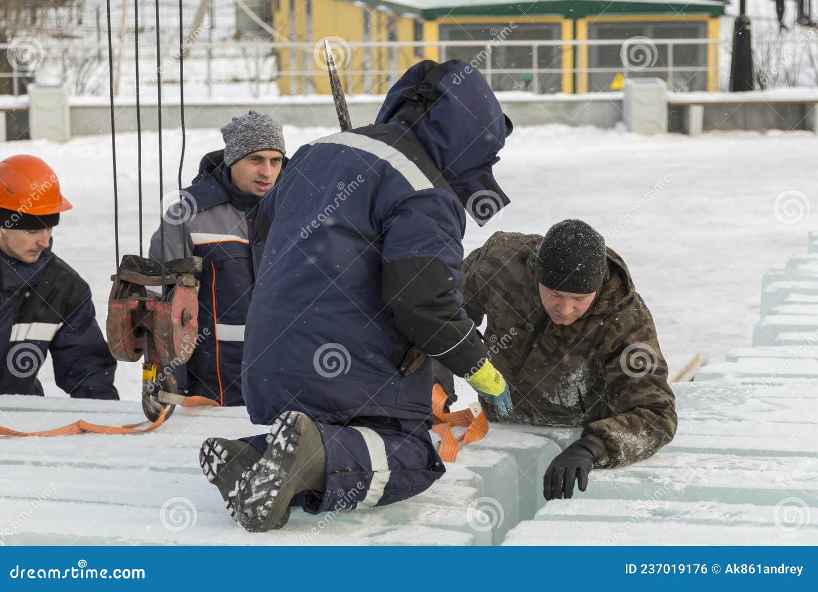 Installers Unloading Ice Blocks for an Ice Town Stock Photo - Image of ...