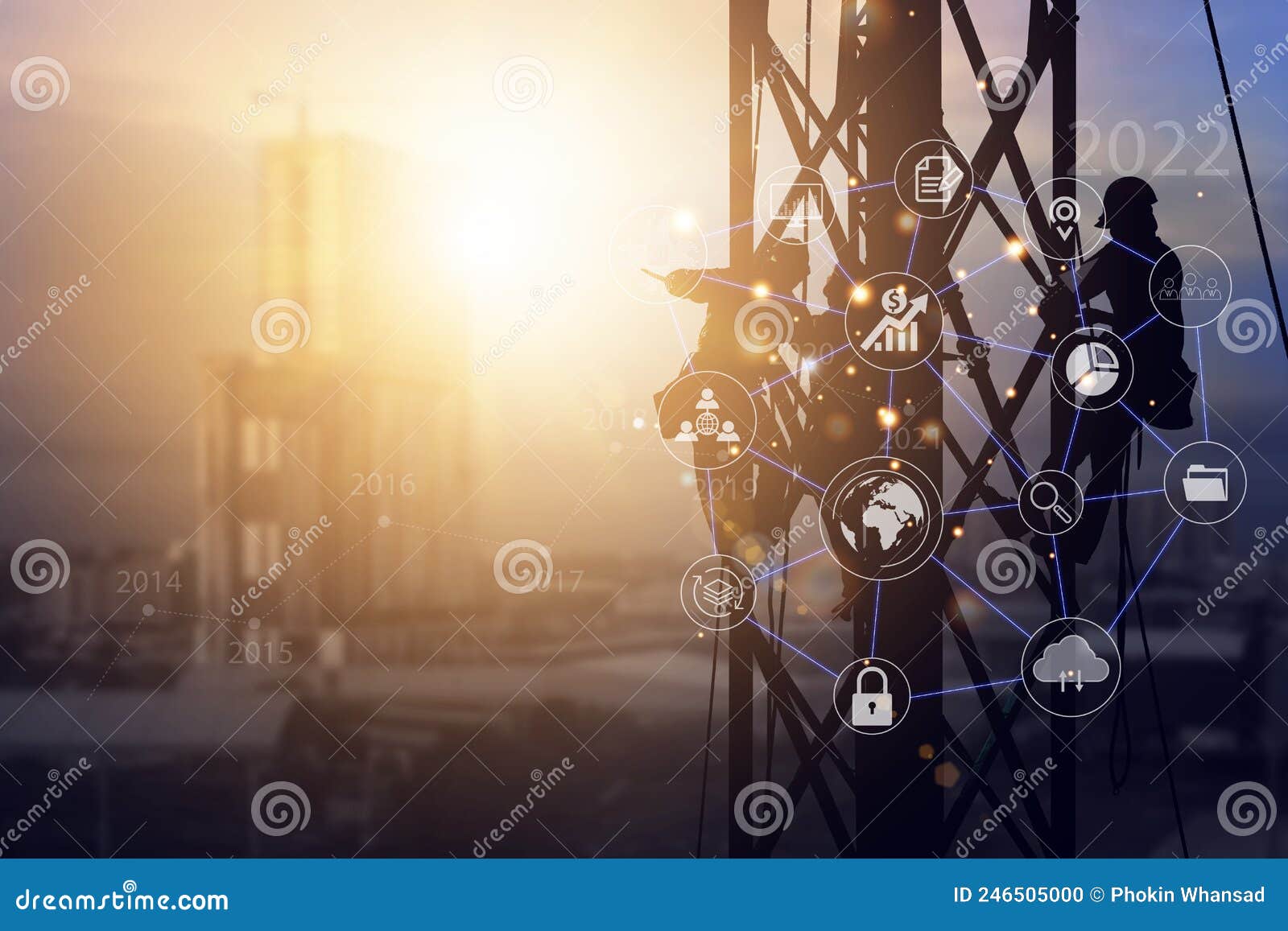 Installing Communication Devices on City Skyline Background with Smart ...