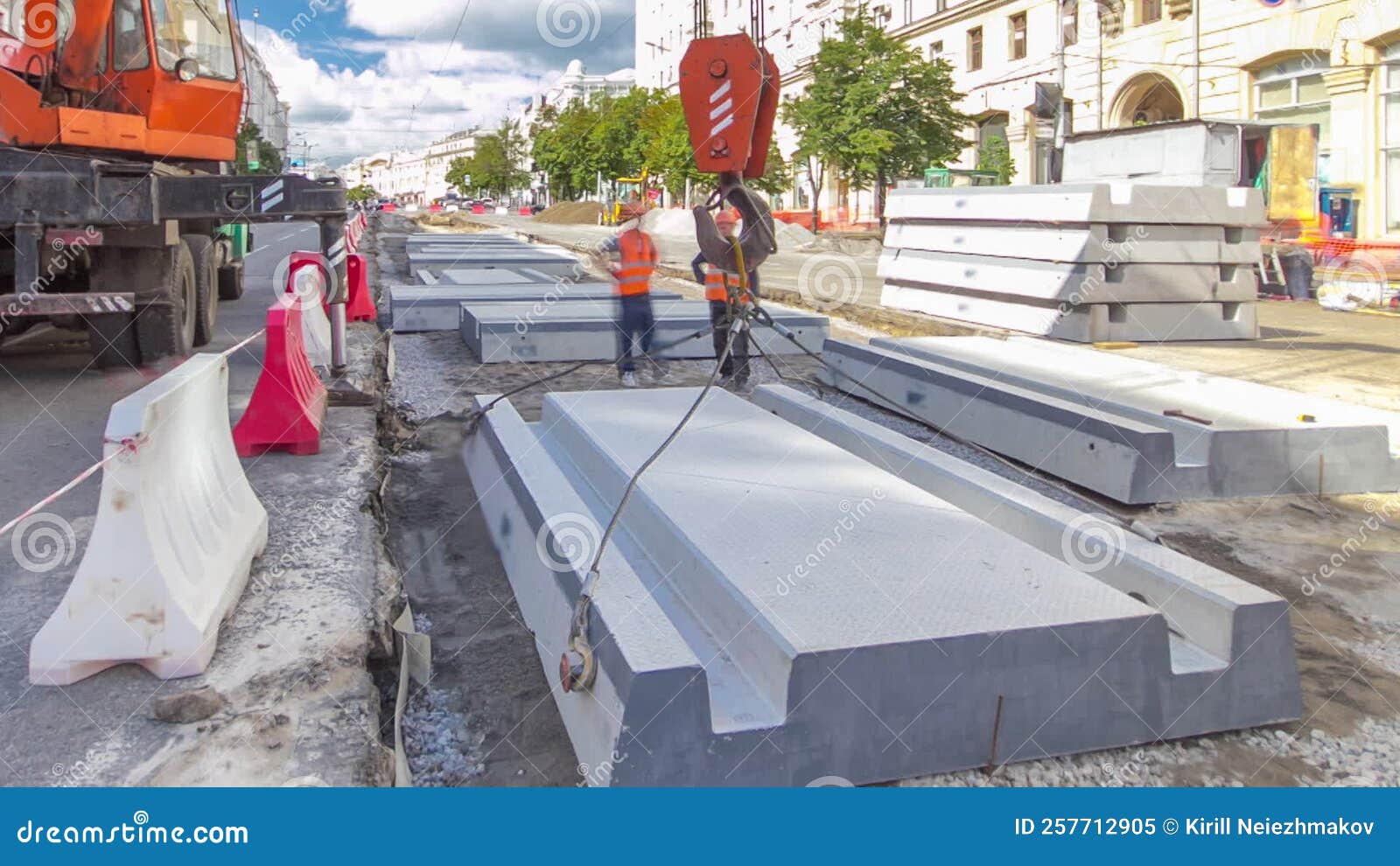 Installing Concrete Plates by Crane at Road Construction Site Timelapse ...
