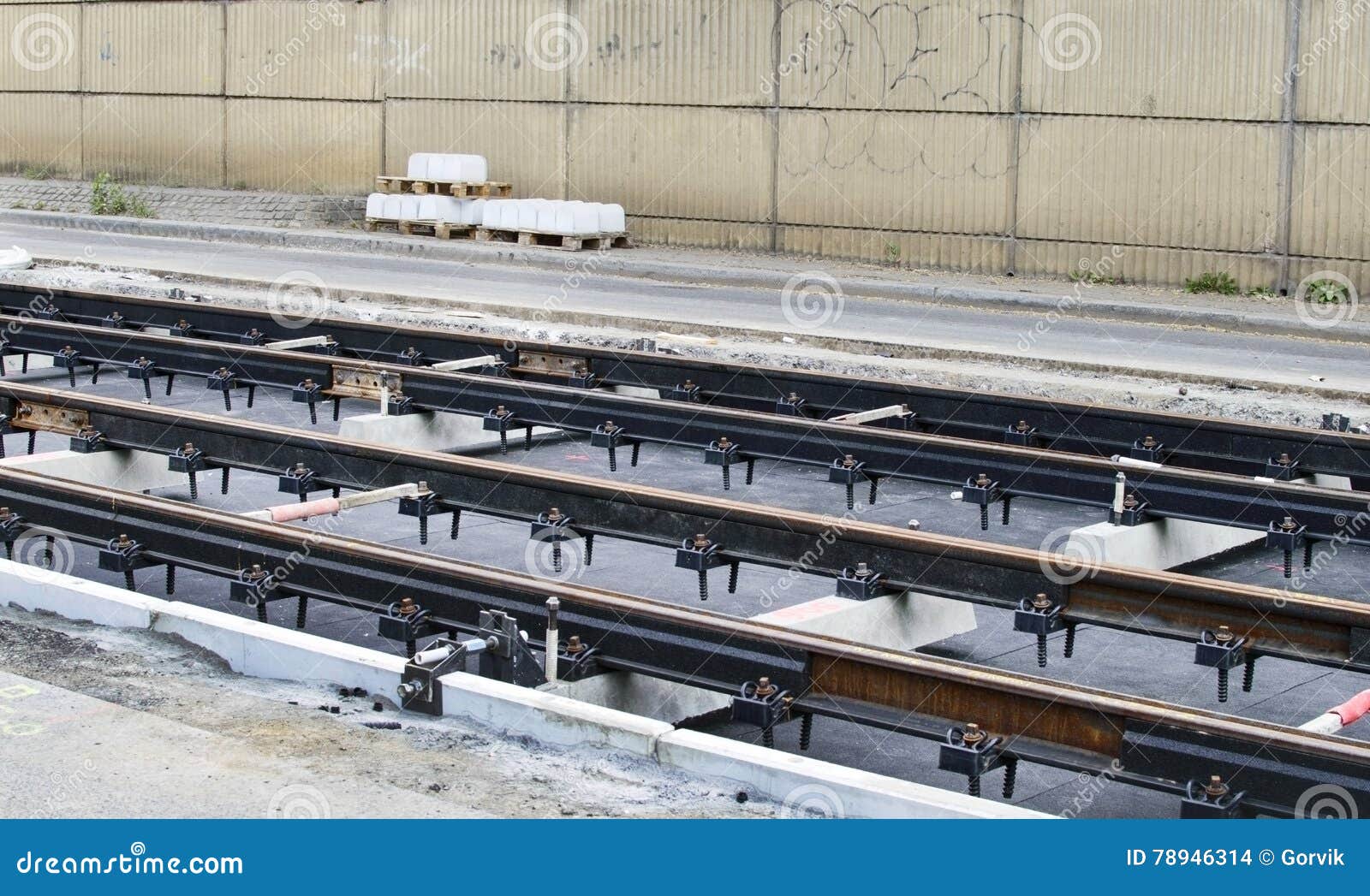Installing Metal Rails Tram Line Stock Photo - Image of restoration ...