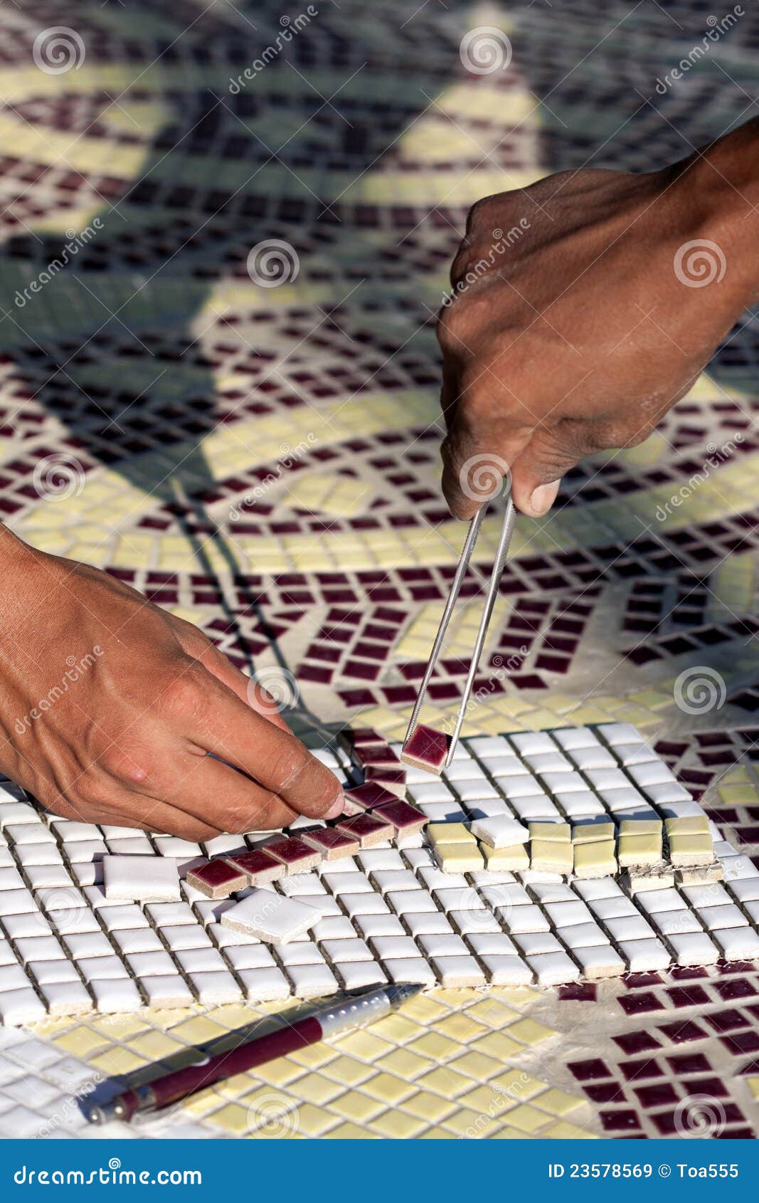 The Installing Mosaic Ceramic Tiles Stock Image - Image of tong ...