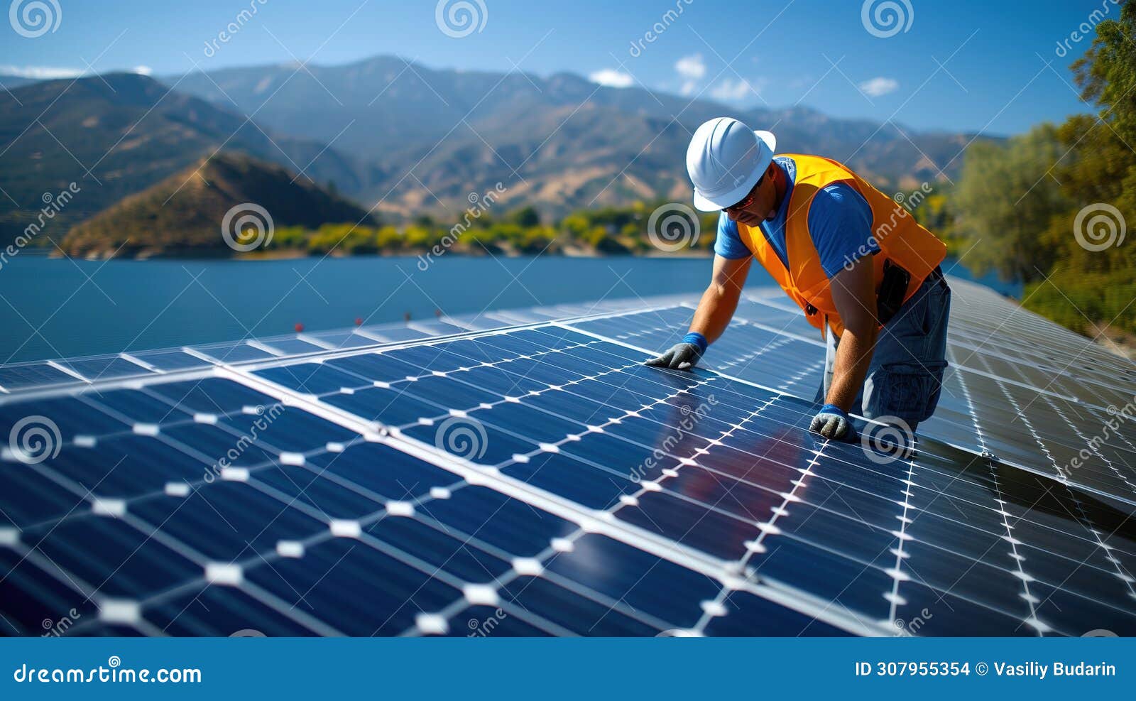 Installing a Solar Cell on a Field. Solar Panels on Field Stock Photo ...