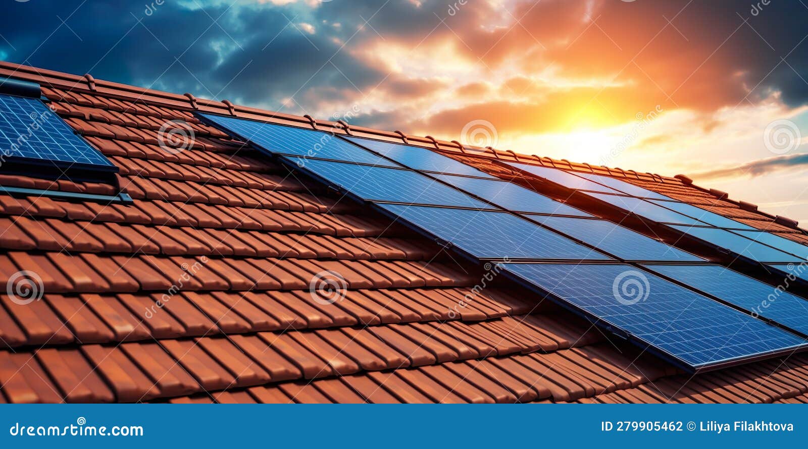 Installing Solar Cell on Roof. Solar Panels at Sunset Stock Photo ...