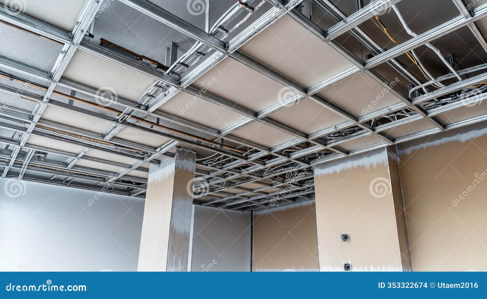 Installing Suspended Ceiling Grid System with Electrical Wiring and ...