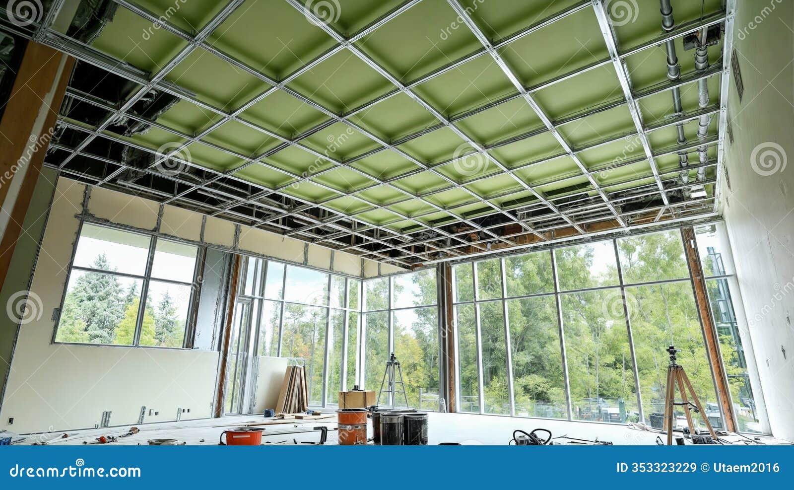 Installing Suspended Ceiling Grid System in Modern Building Stock Image ...