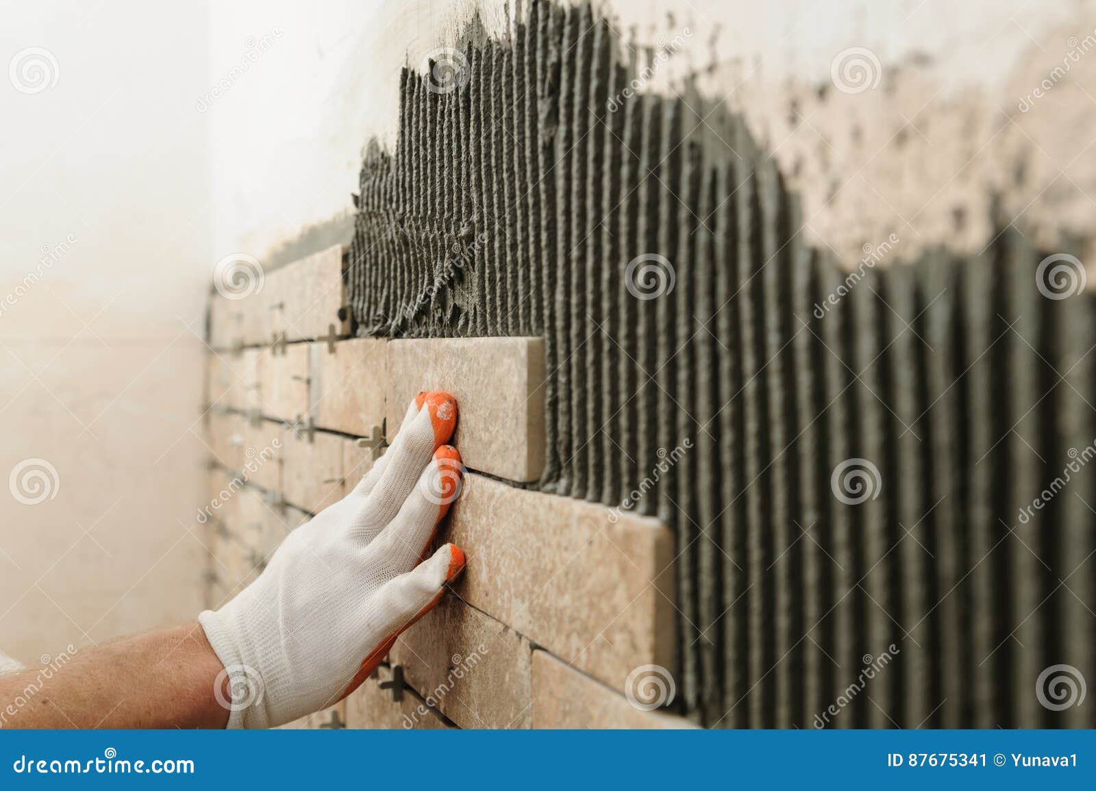 Installing the Tiles on the Wall. Stock Image - Image of balcony ...