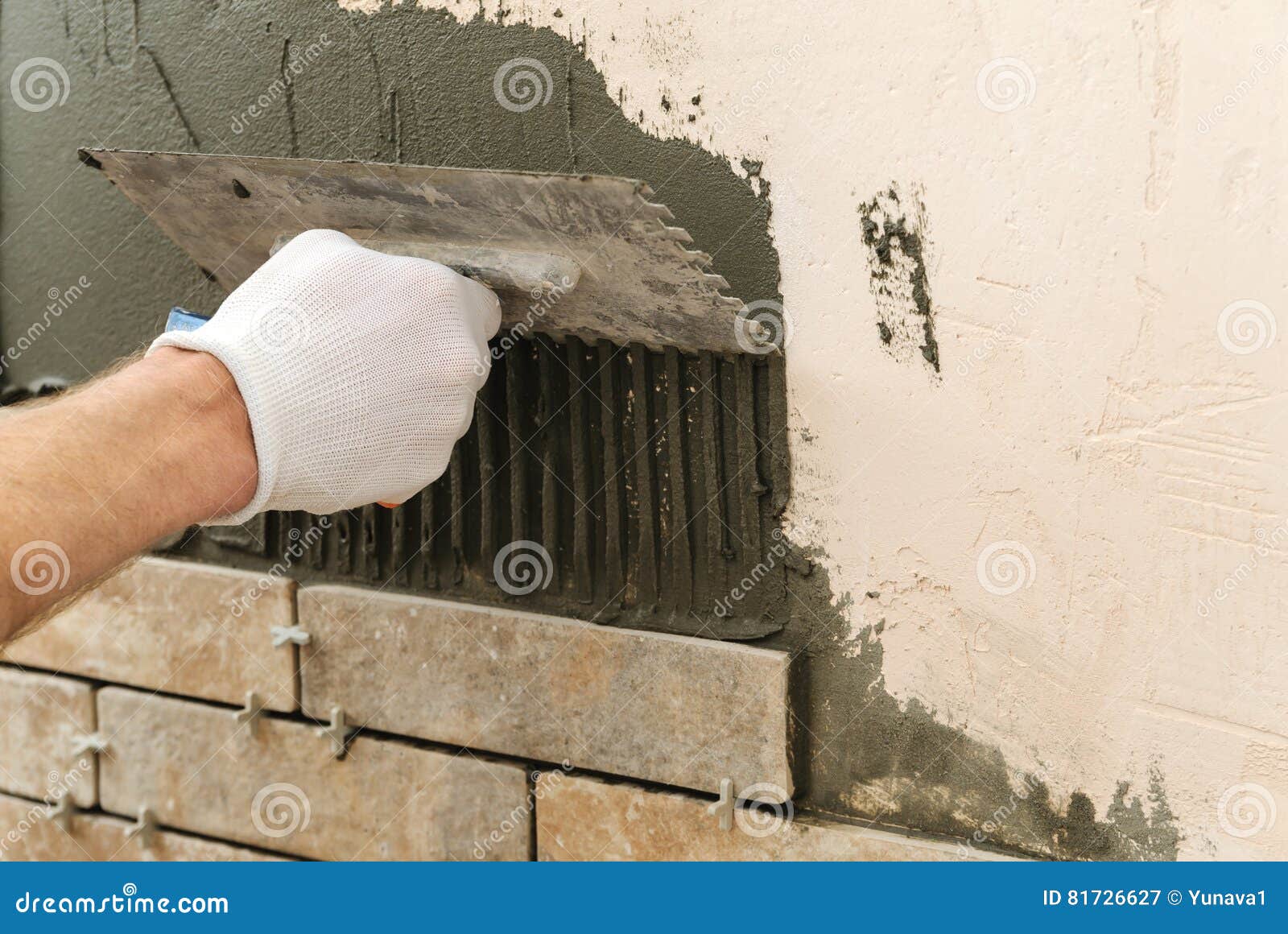 Installing the Tiles on the Wall. Stock Image - Image of placing ...