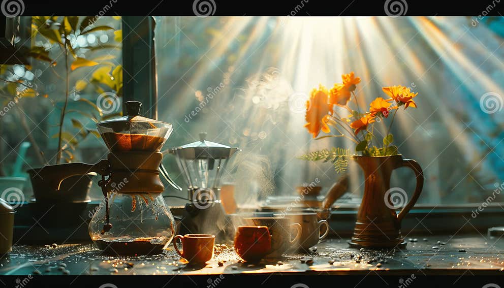 Instant Coffee Morning with Sun Rays Stock Illustration - Illustration ...