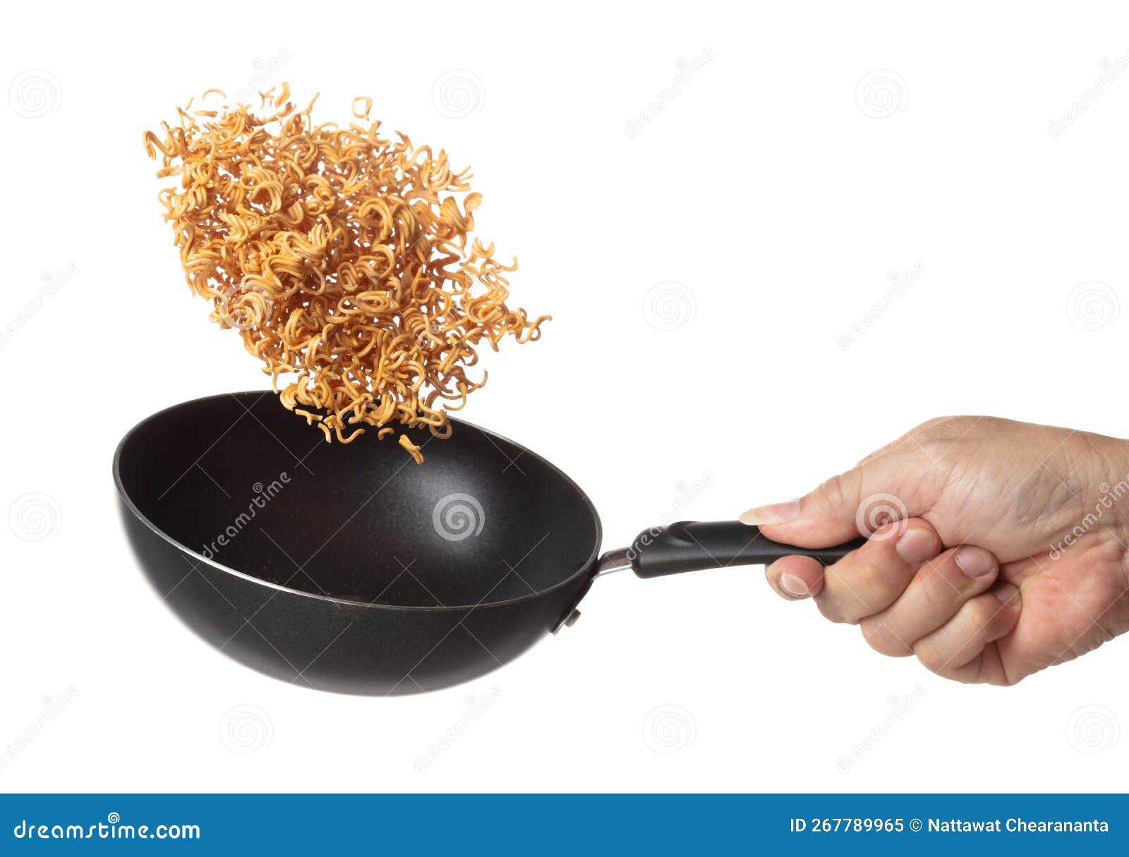 Instant Noodle Fly in Iron Pan, Yellow Instant Noodle Float Explode ...