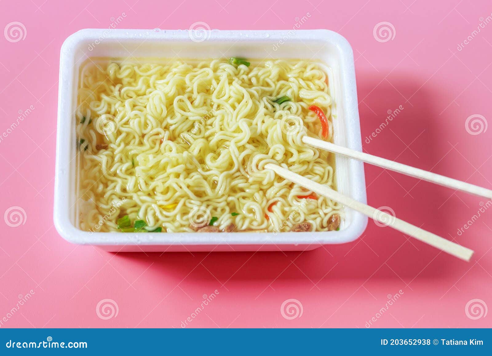 Instant Noodles in Plastic Bowls on Pink Background Top View. Stock ...