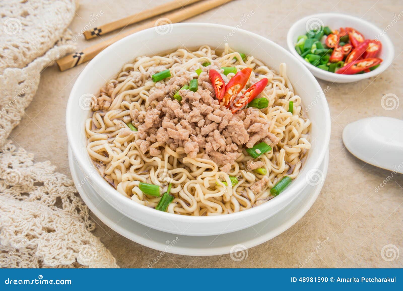 Instant Noodles with Pork in Bowl Stock Photo - Image of dish, dinner ...