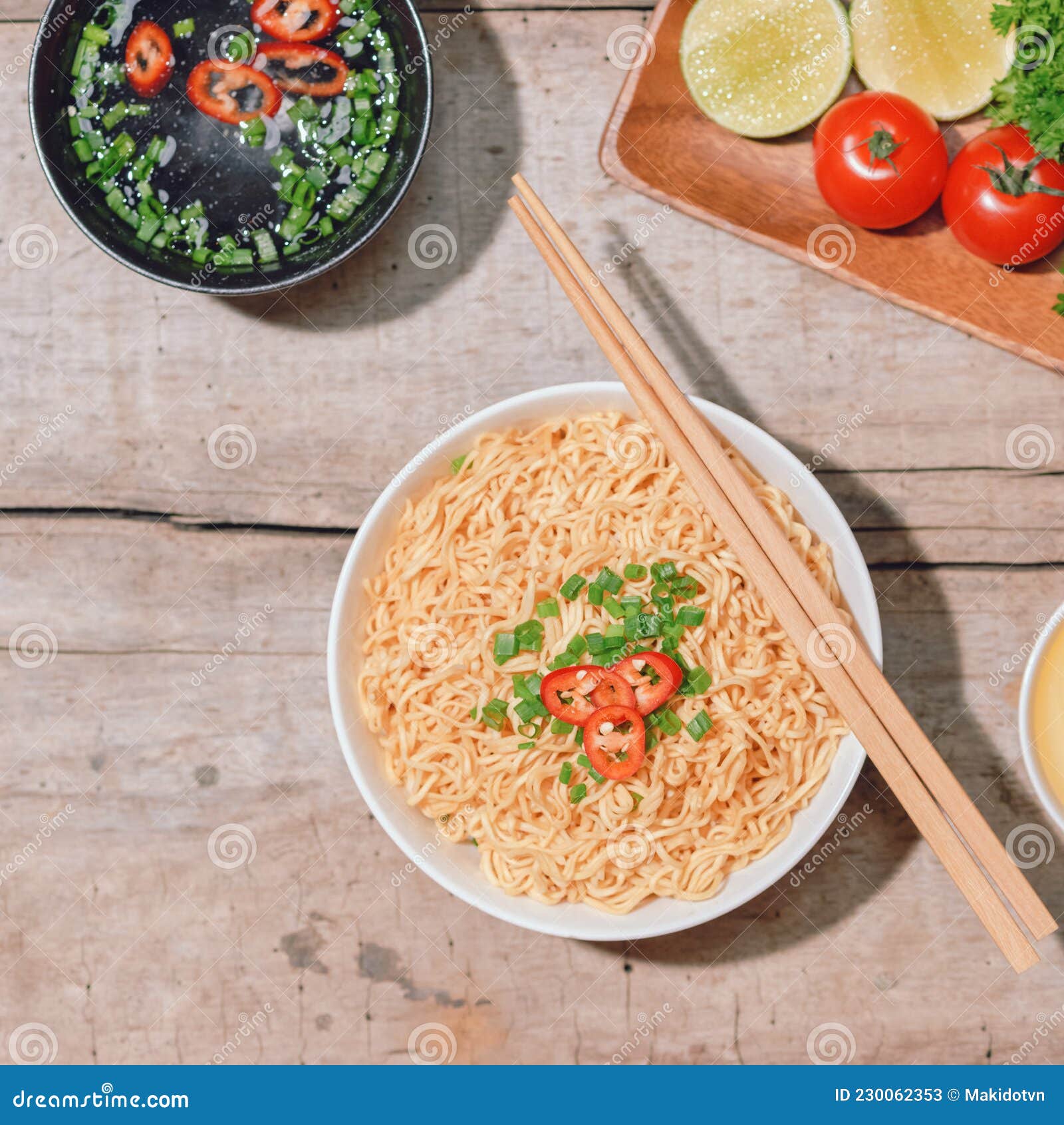 Instant Noodles with Vegetable Isolated on Wooden Table Stock Image ...