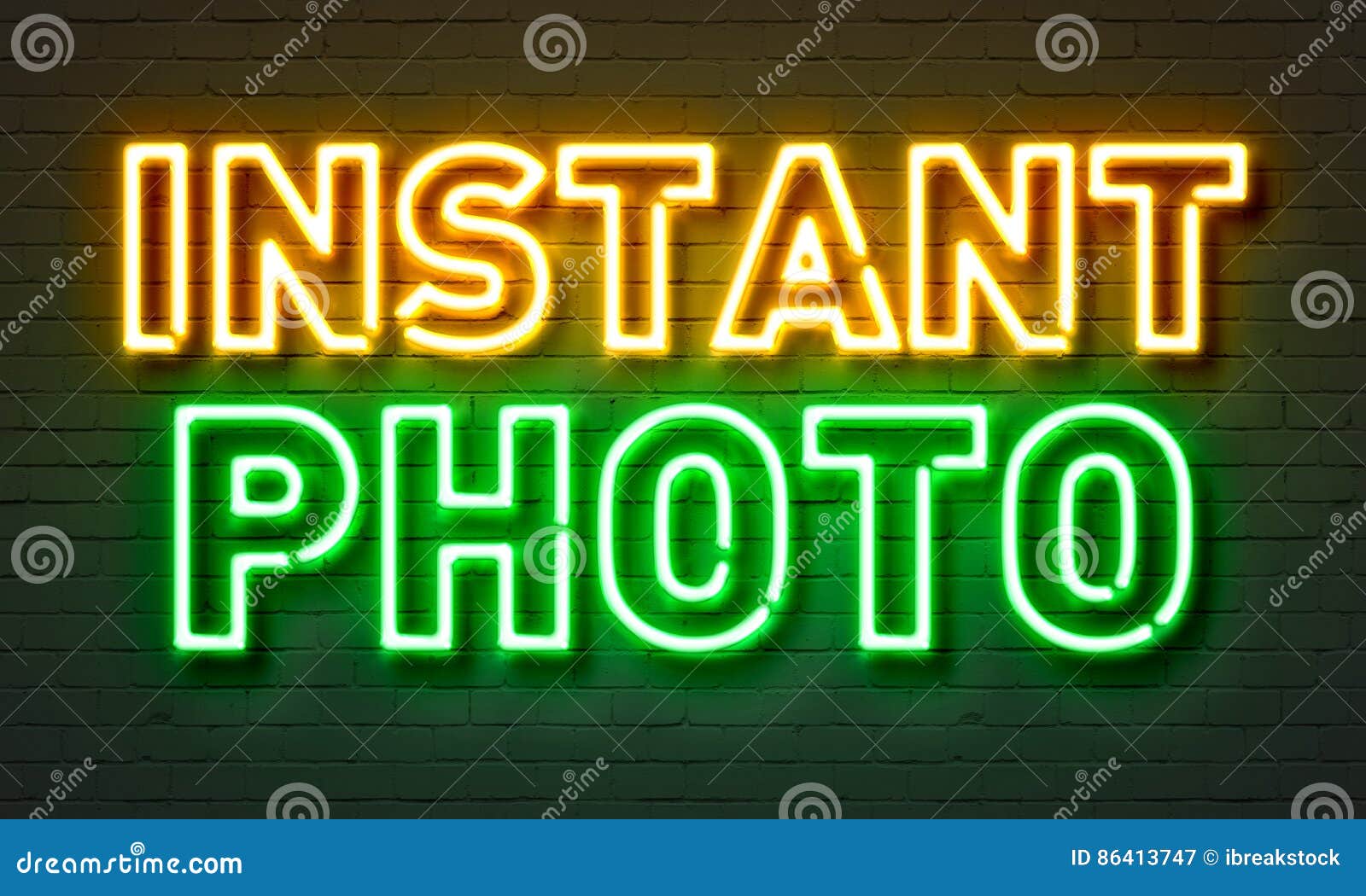 Instant Photo Neon Sign on Brick Wall Background. Stock Image - Image ...