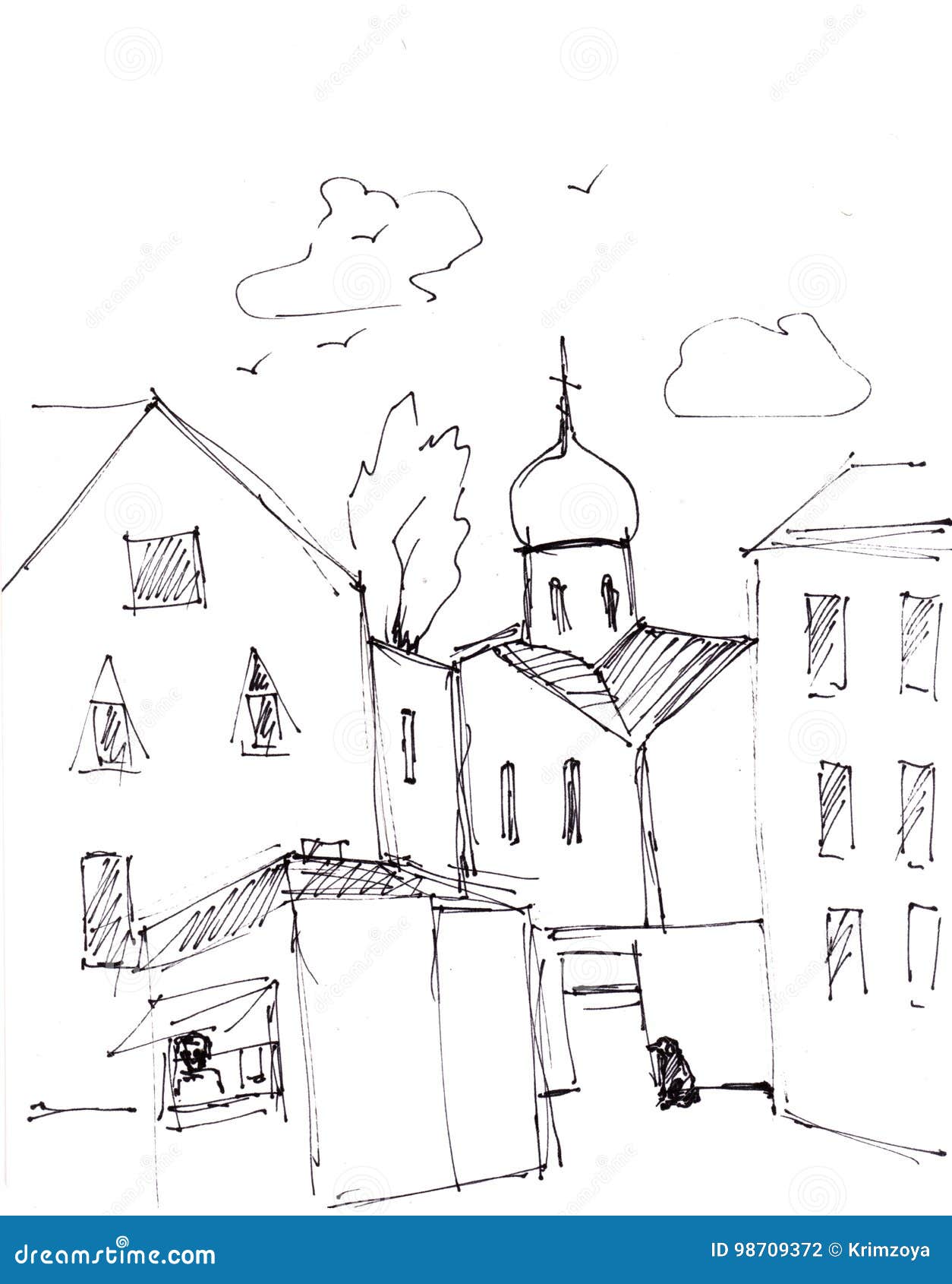 Sketch Of Church Line Drawing, Vector Illustration | CartoonDealer.com ...