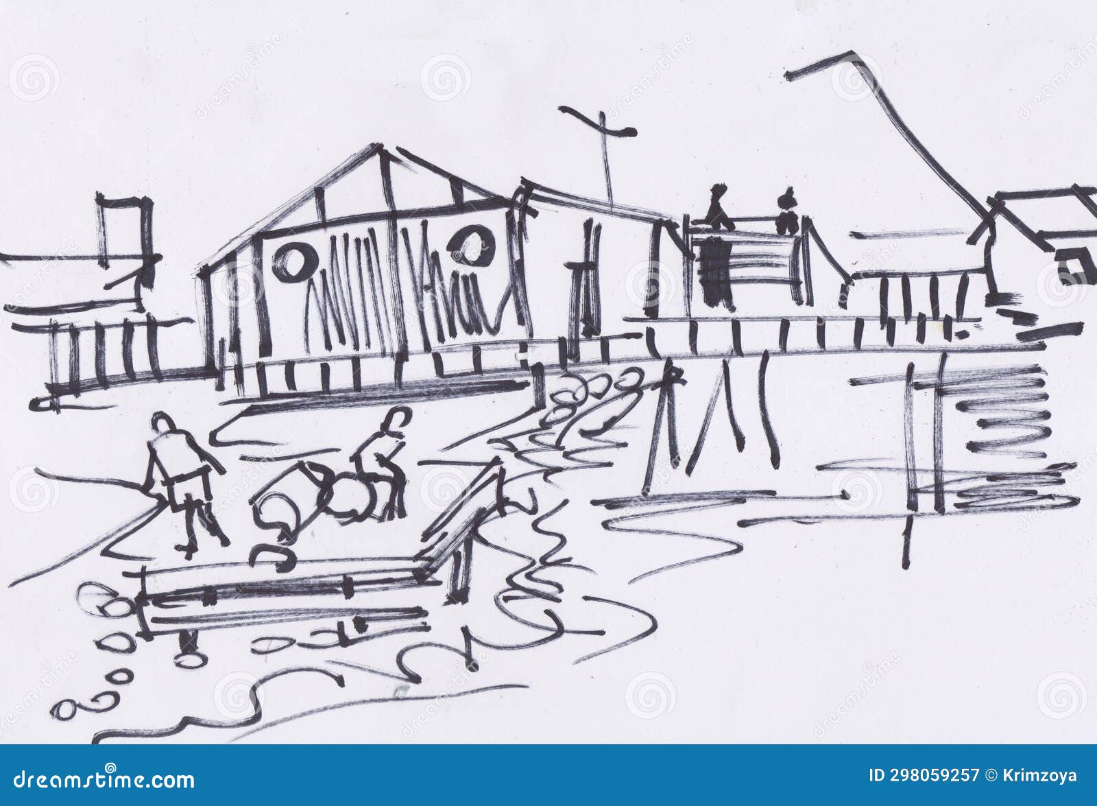 Instant Sketch, Pier on the Seashore Stock Image - Image of instant ...