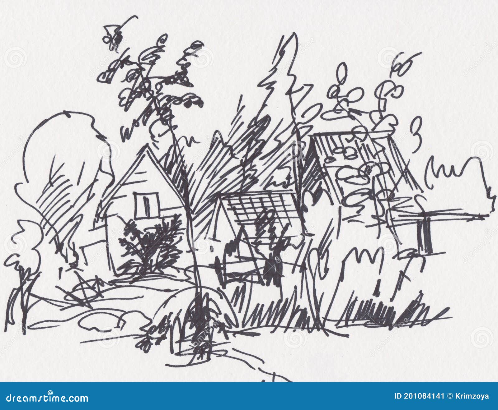 Sketch Of Village Barn, Tractor And Windmill. Vector Rural Landscape ...