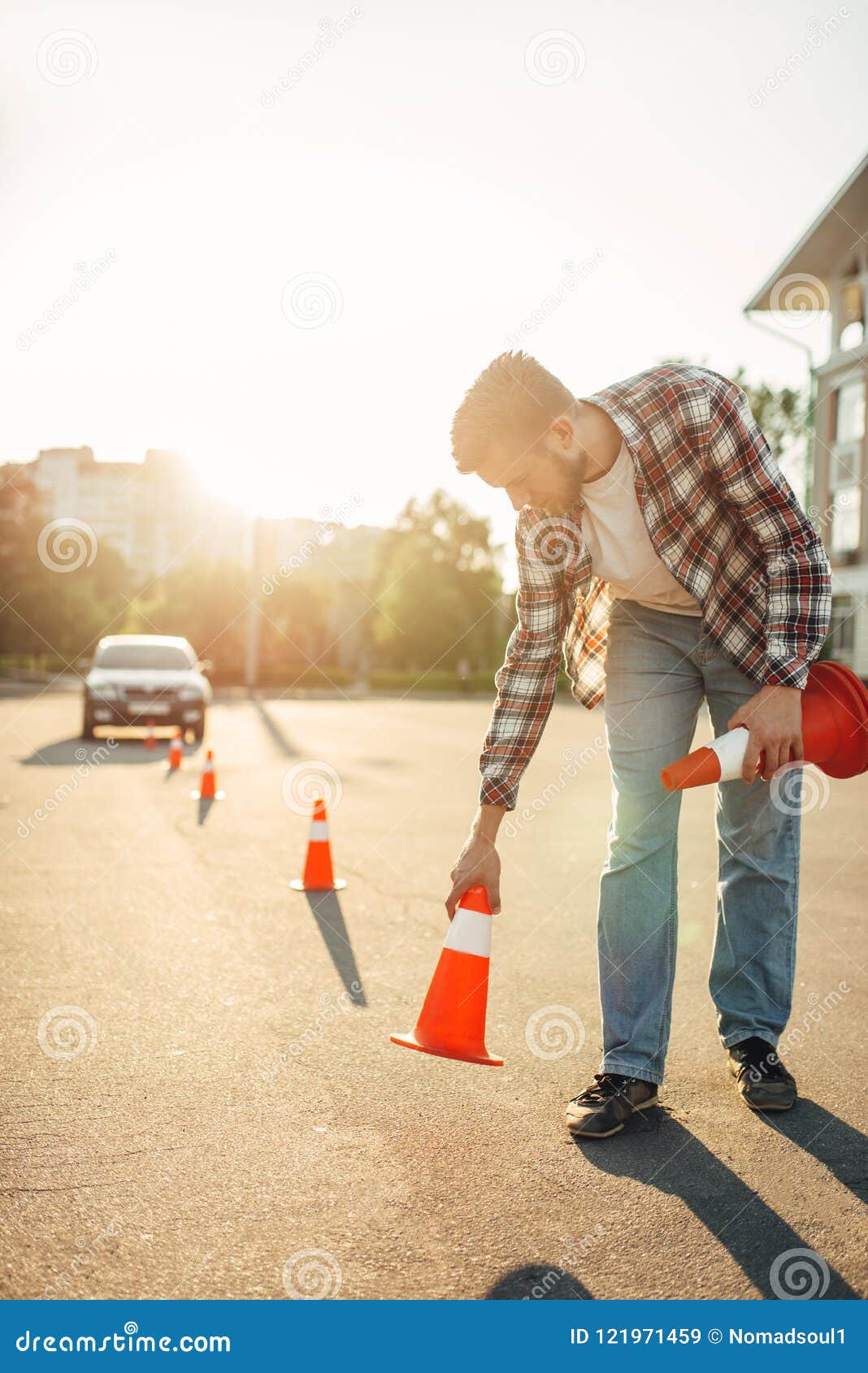 Instructor Sets the Cone, Driving School Concept Stock Image - Image of ...