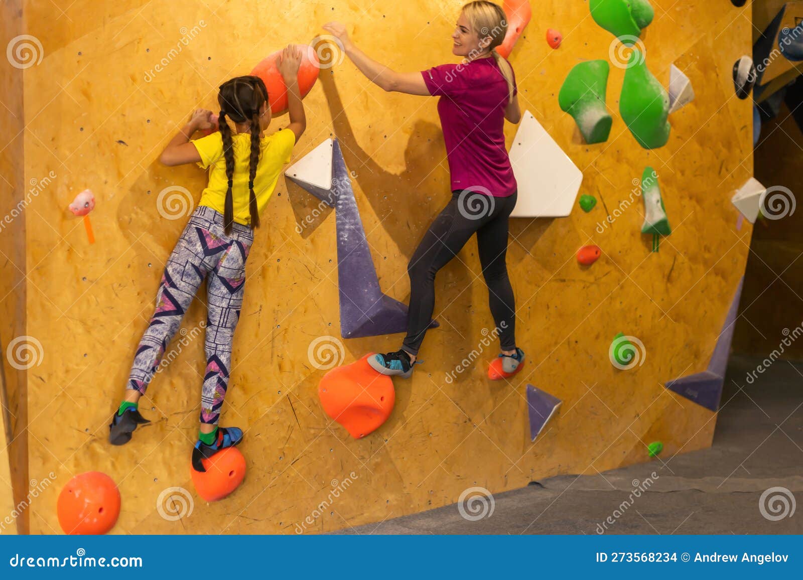 Instructors Helping Children Climb Wall in Gym Stock Photo - Image of ...