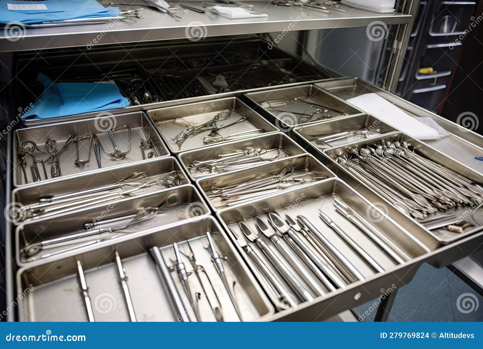 Instrument Tray with Surgical Instruments Arranged in Rows and Ready ...