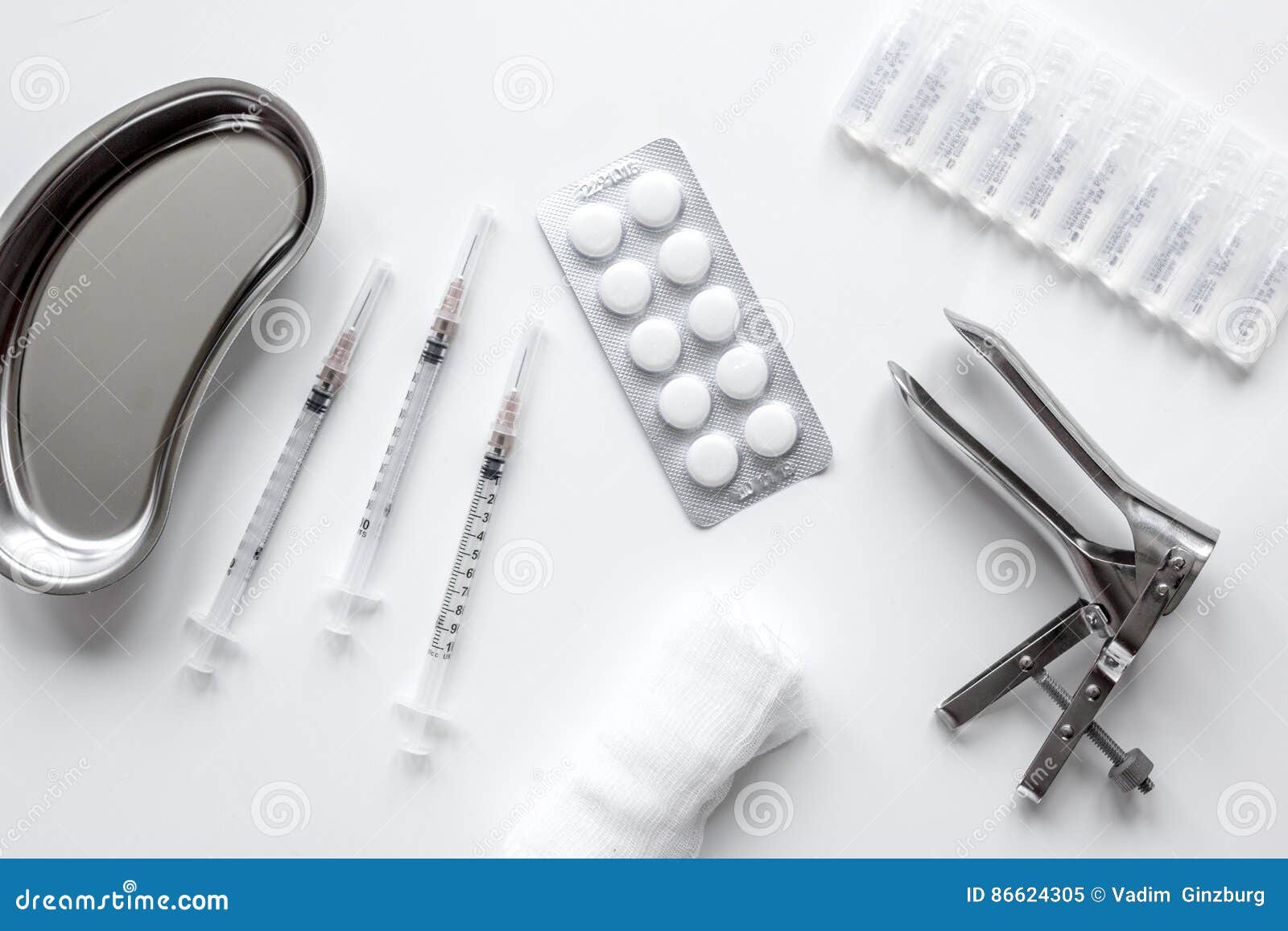 Instruments of Gynecologist on White Background Top View Mock Up Stock ...