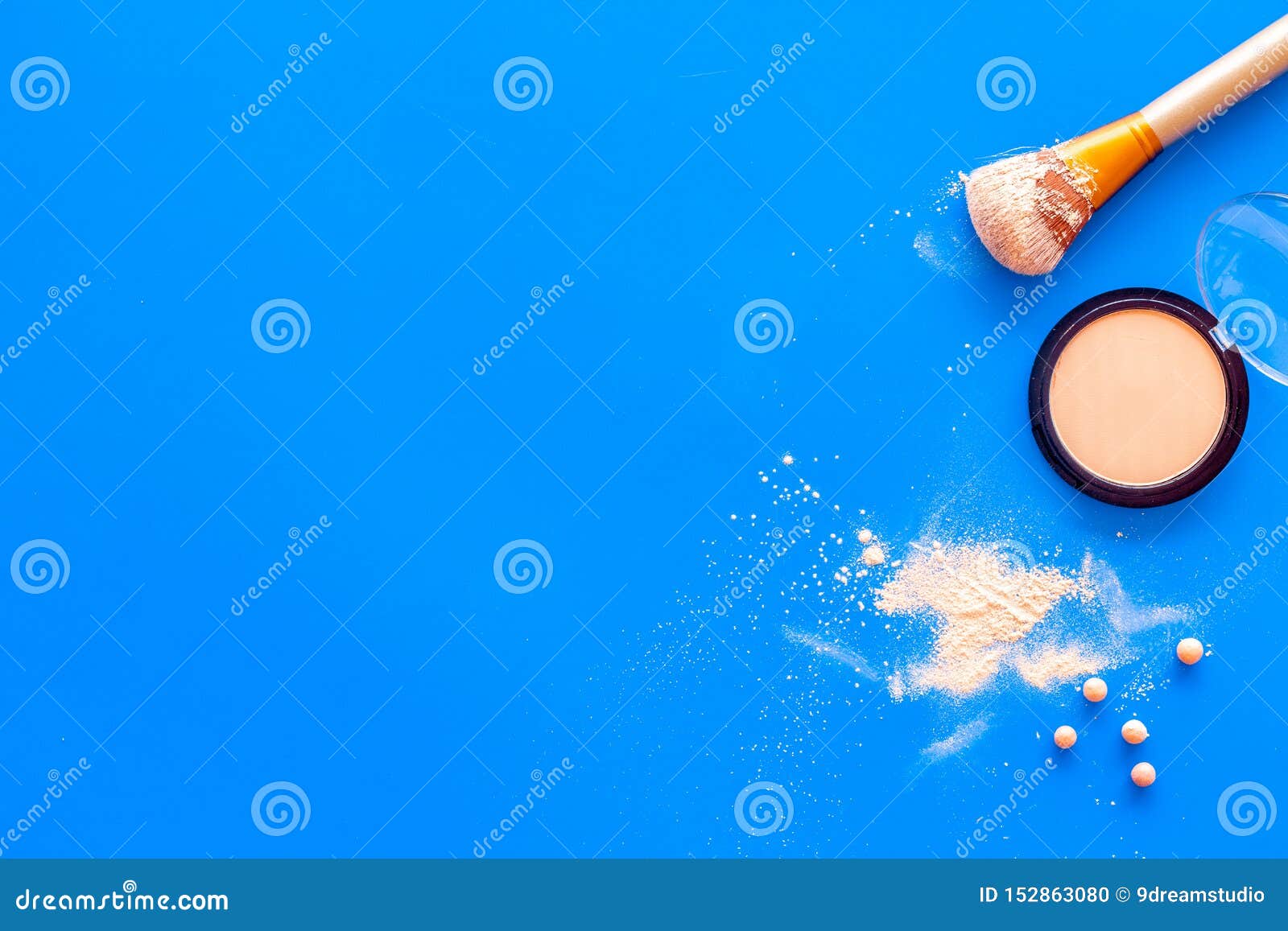 Instruments for Make Up with Brushes, Powder on Blue Background Top ...