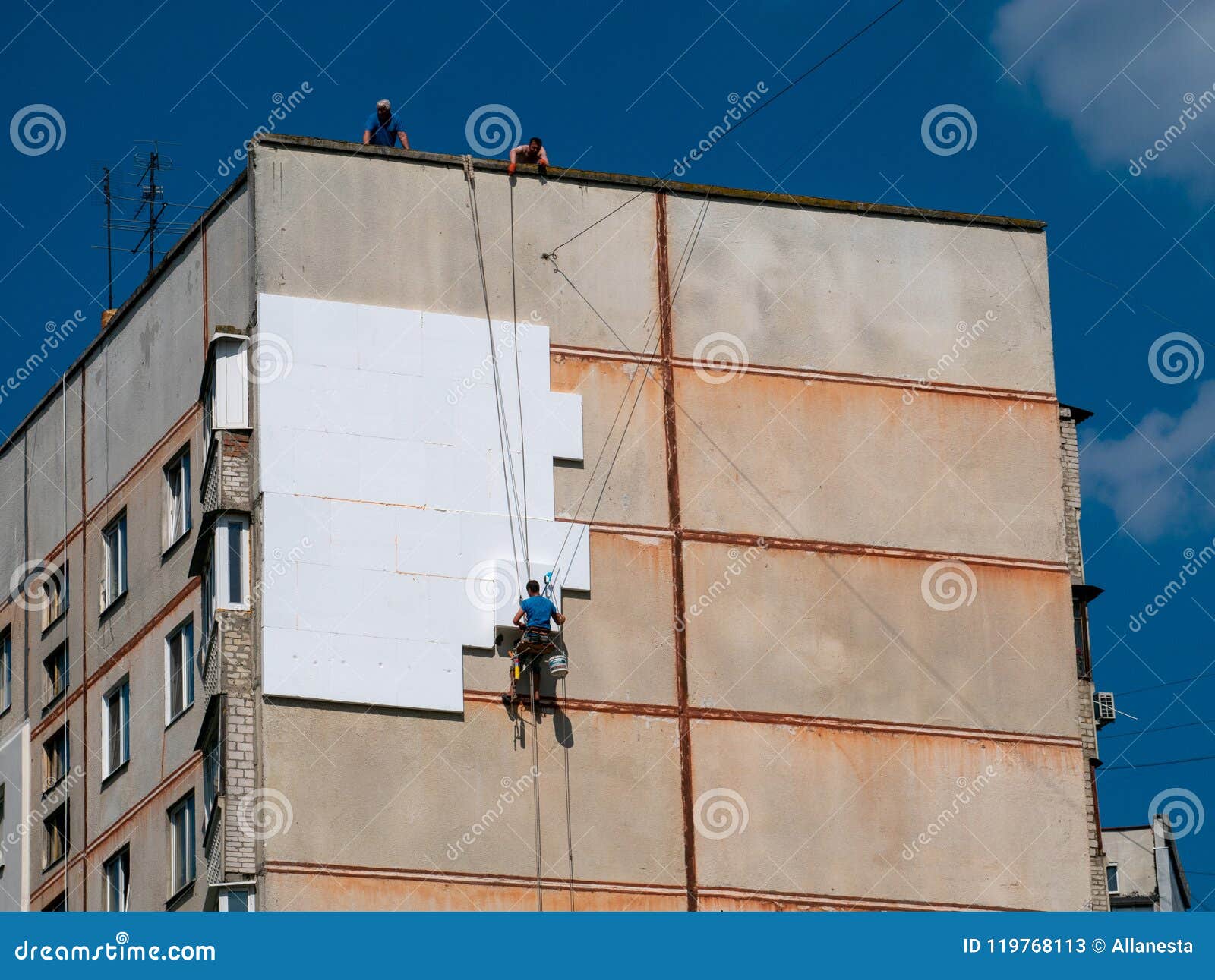 Insulation And Energy Saving Technology Concept. Worker Making Building ...
