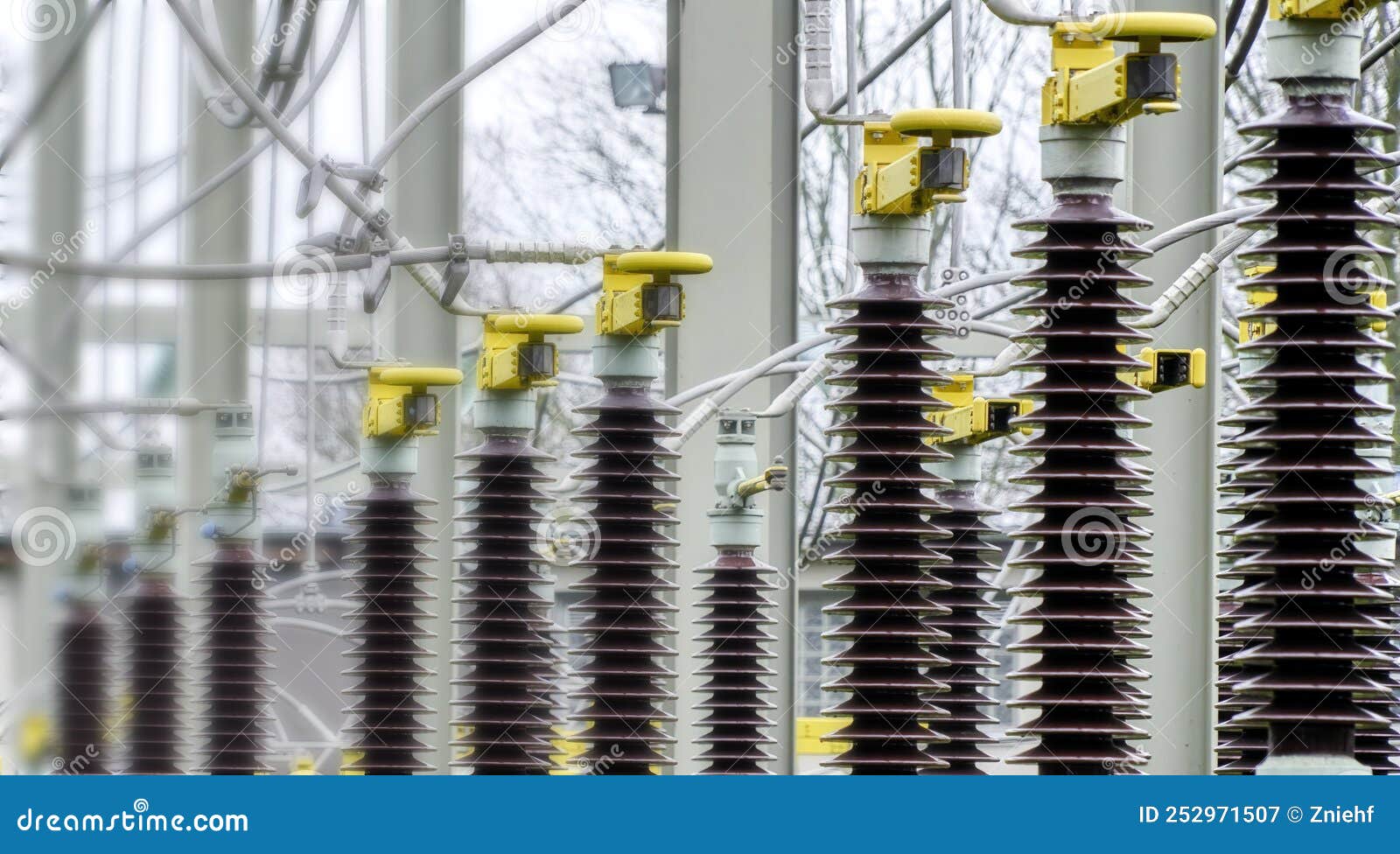 Insulators Built in Rows in an Electric Utility Substation, Selective ...