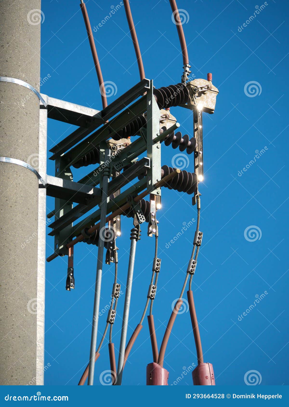 Insulators on Power Lines on a Pole of an Overhead Power Line Stock ...