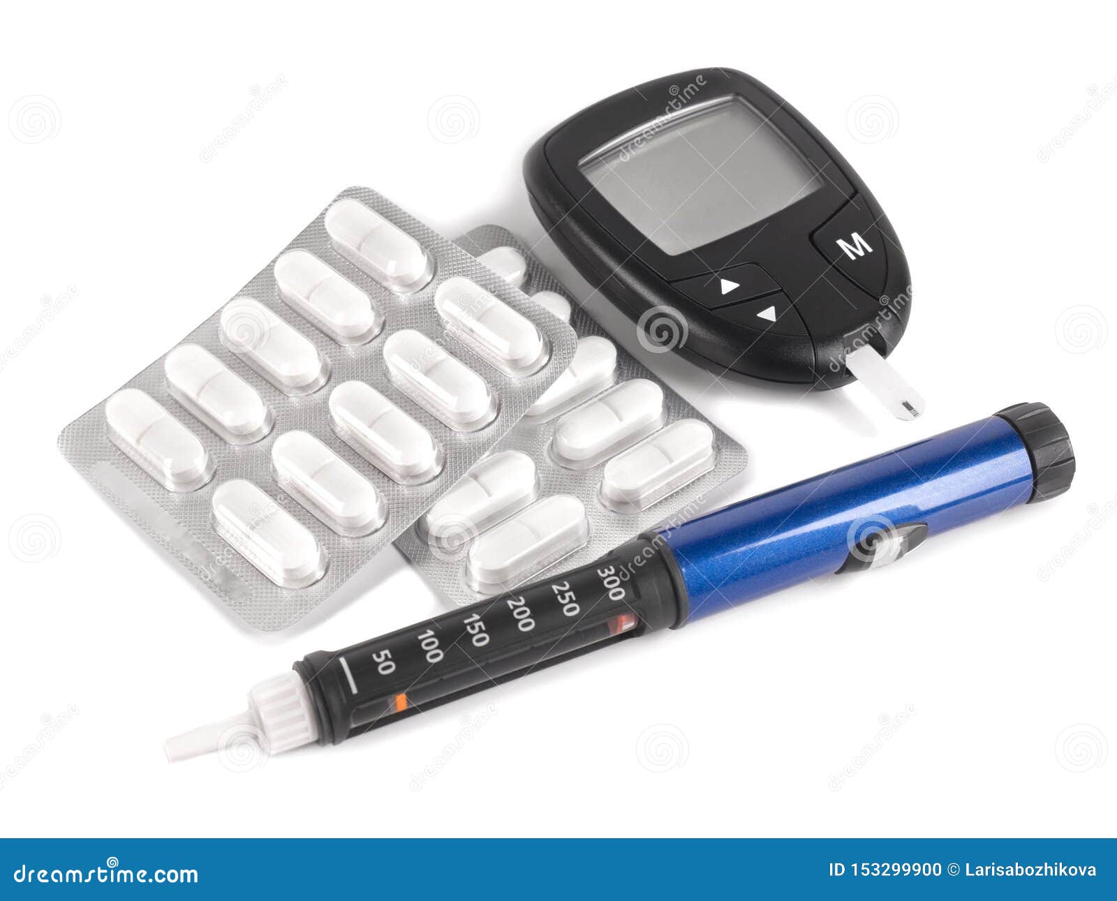 Insulin Pen, Pills, Glucose Meter and Test Stripe Stock Photo - Image ...