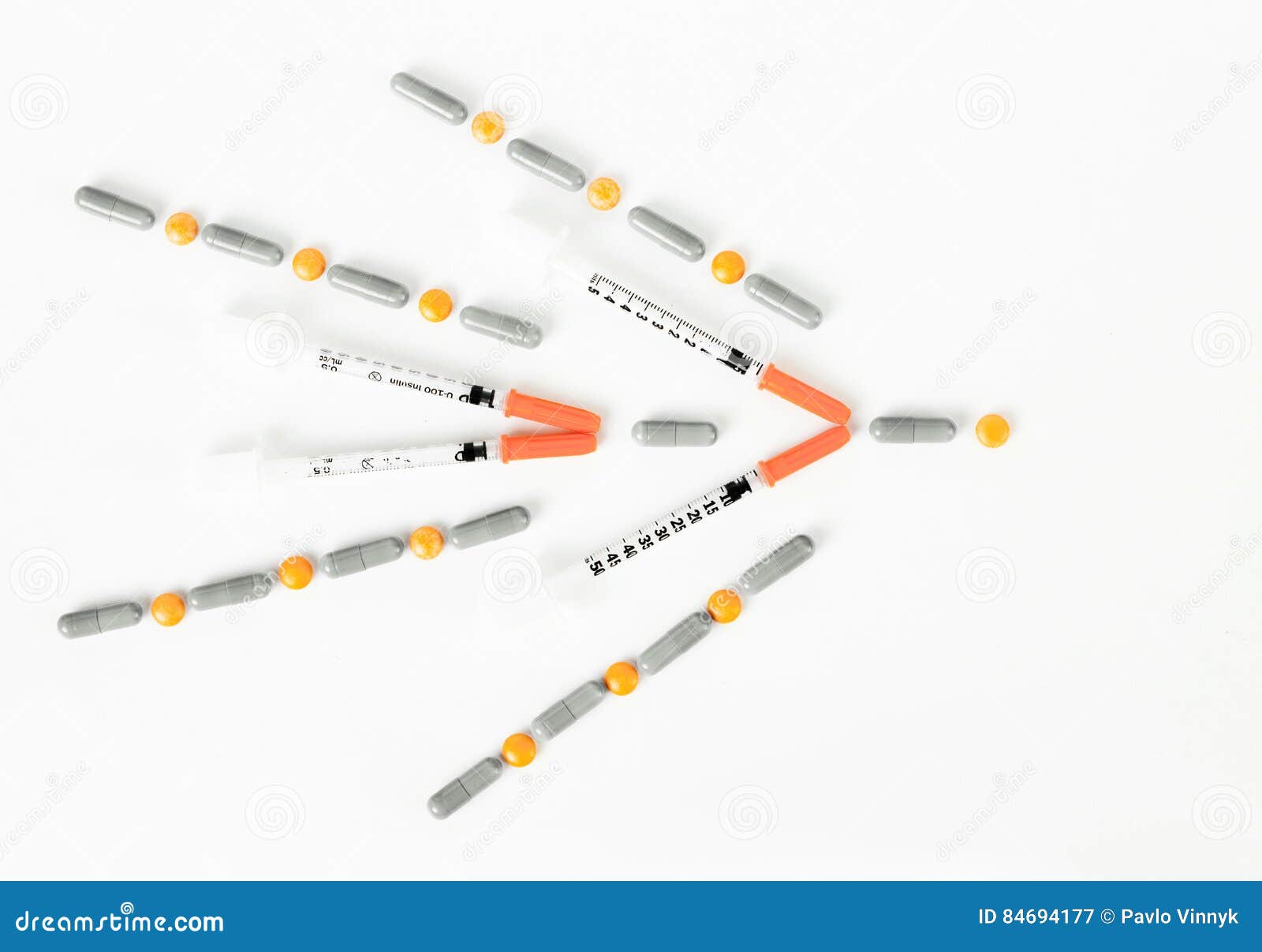 Insulin Syringe, Pills and Capsules in Shape of Right Arrow Stock Image ...