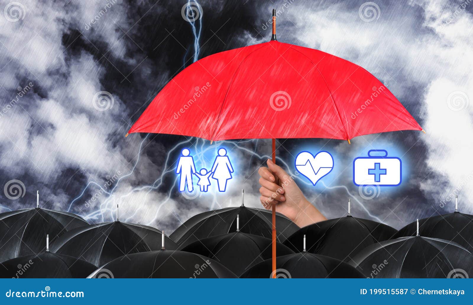 Insurance Agent Covering Illustrations with Red Umbrella during Storm ...