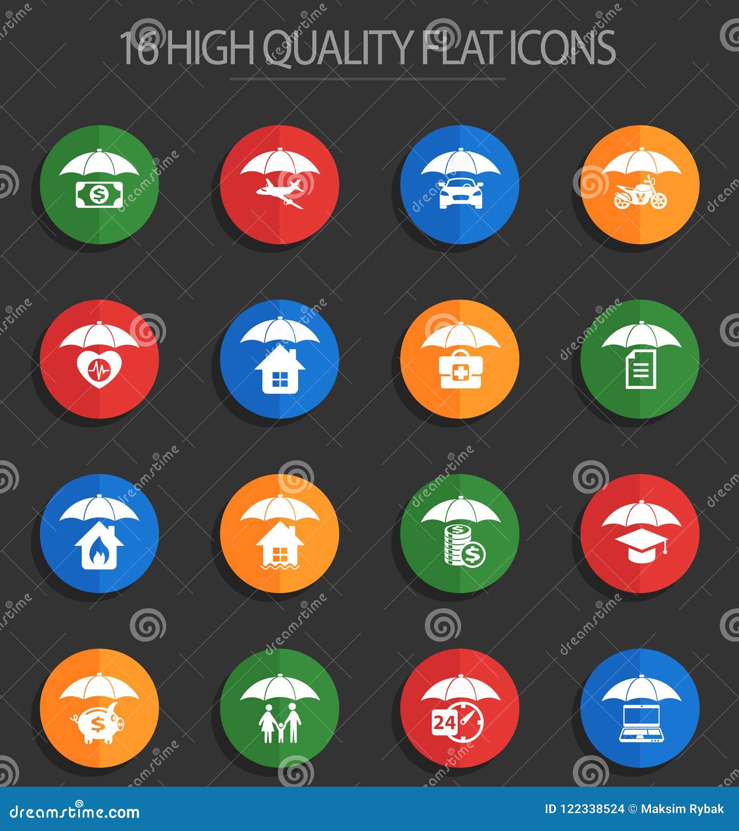 Insurance 16 flat icons stock vector. Illustration of money - 122338524