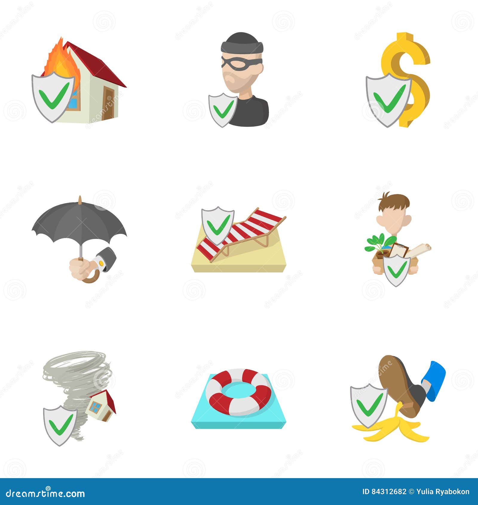 Insurance Icons Set, Cartoon Style Stock Vector - Illustration of fire ...