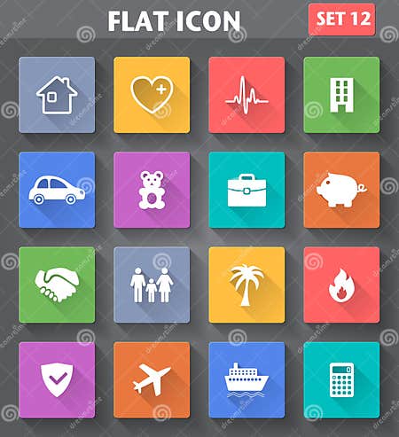 Insurance Icons Set in Flat Style with Long Shadow Stock Vector ...