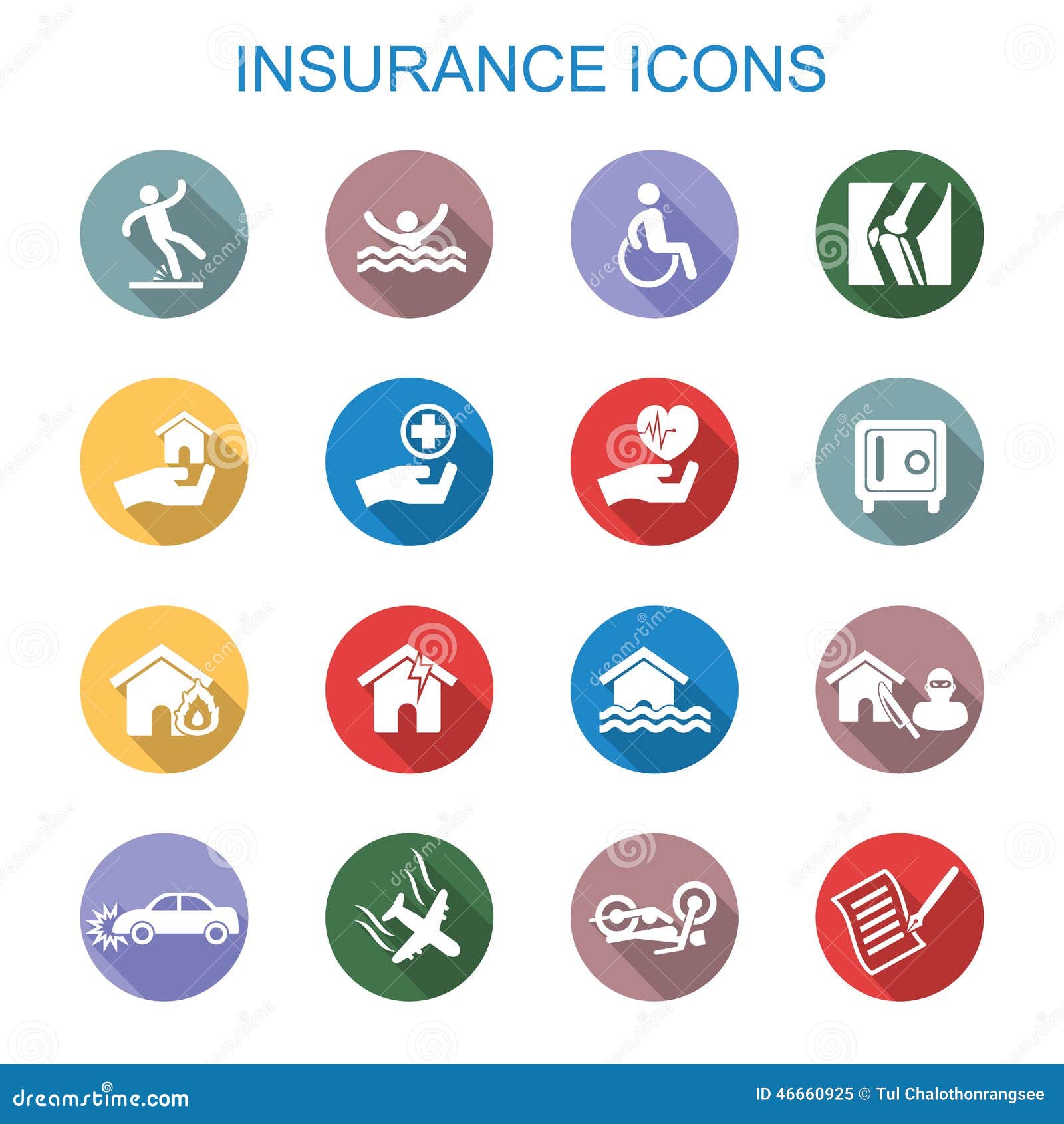 Insurance Long Shadow Icons Stock Vector - Illustration of pictogram ...