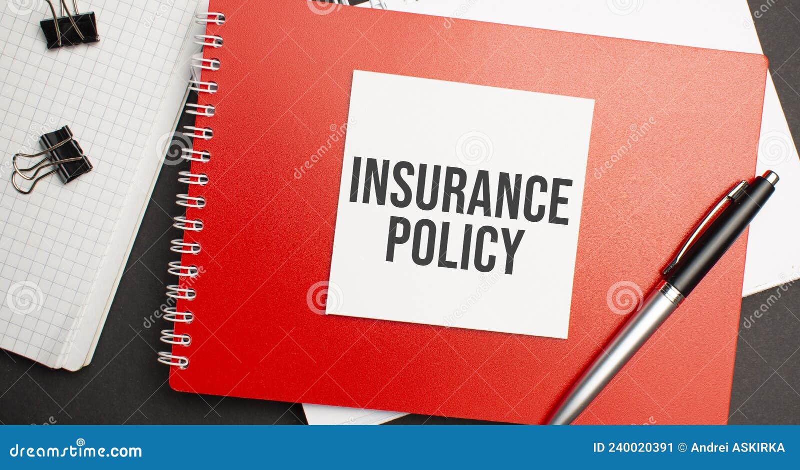 Insurance Policy Sign on Sheet of Paper on the Red Notepad with Pen ...